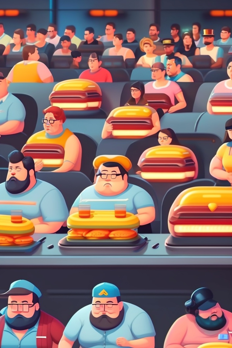 Lexica - Dystopian future, 100 obese people sitting eating burgers and ...