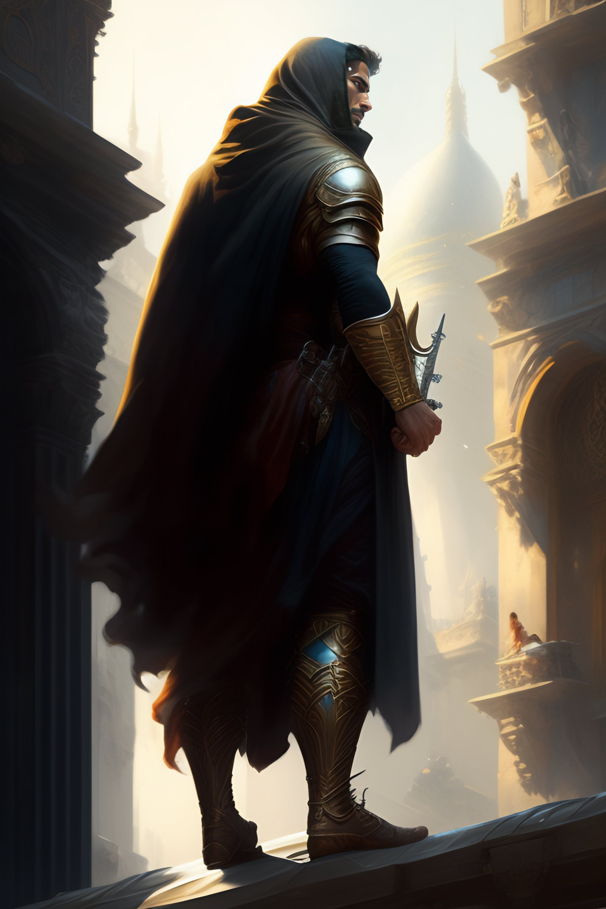 Lexica - "A muscular hooded assassin standing atop a rooftop ...