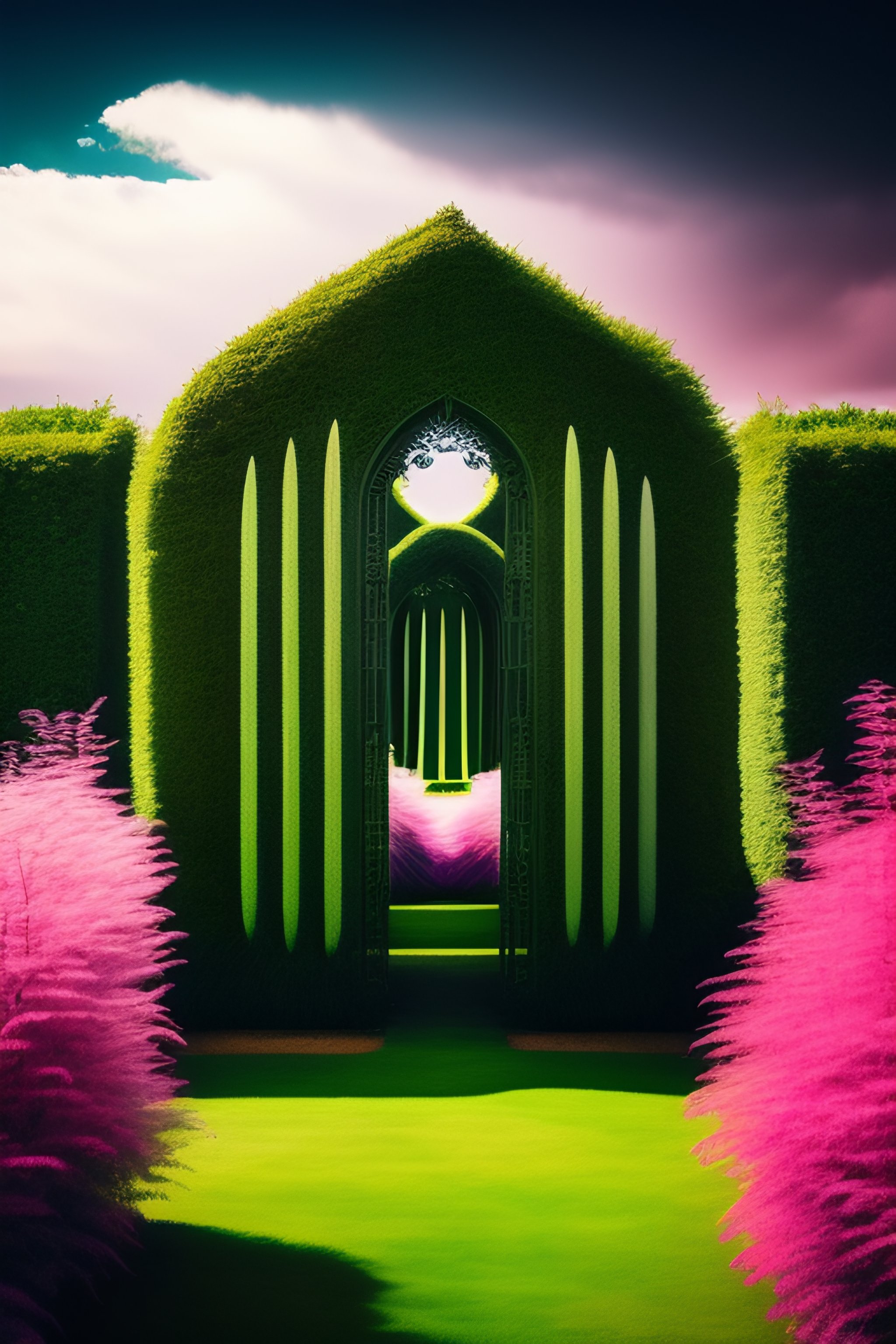 Lexica - Tall green hedge maze, green grass, evil monster in shadows ...