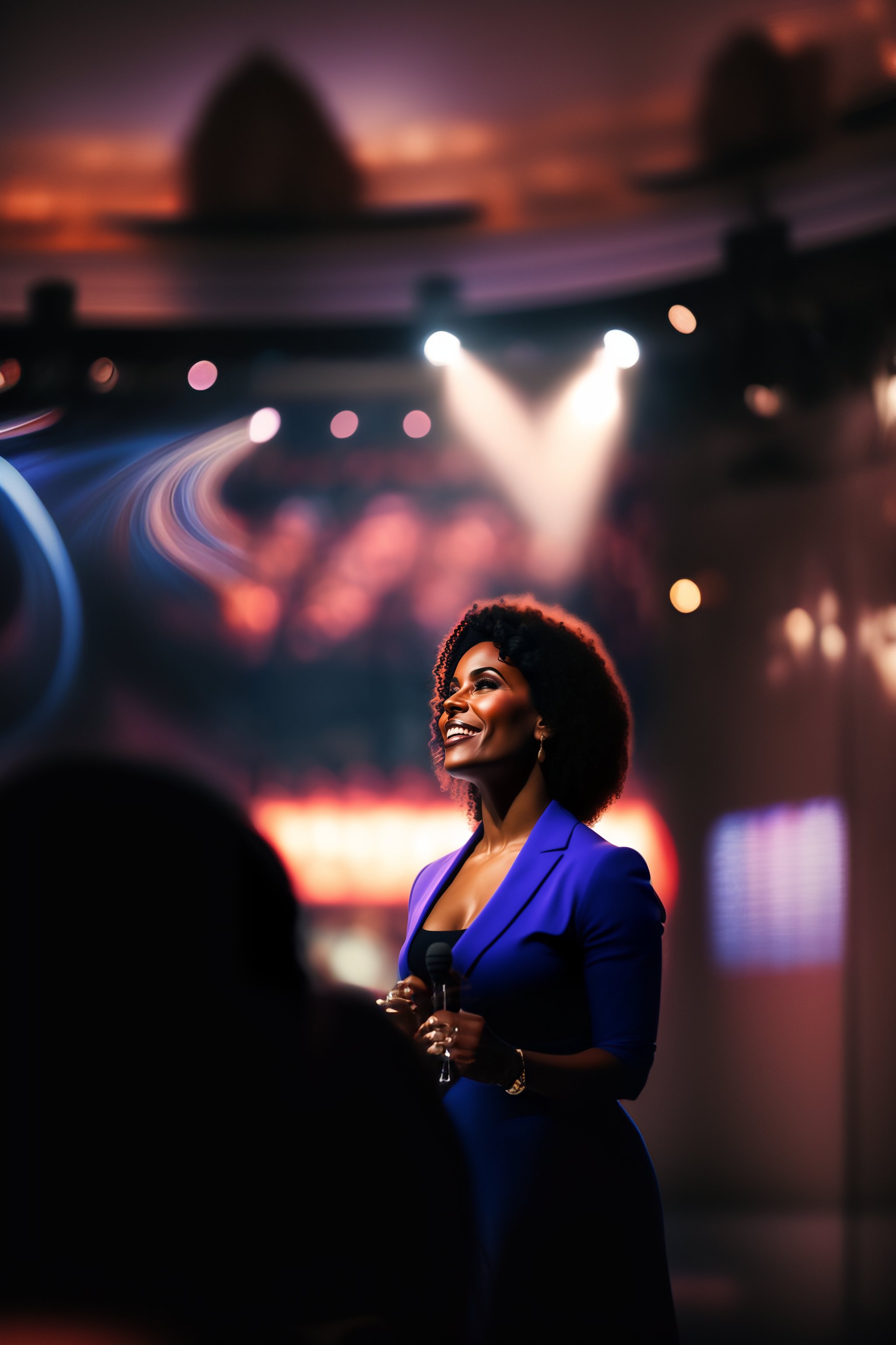 Lexica - A woman addressing an audience, heavy lighting and hyper real