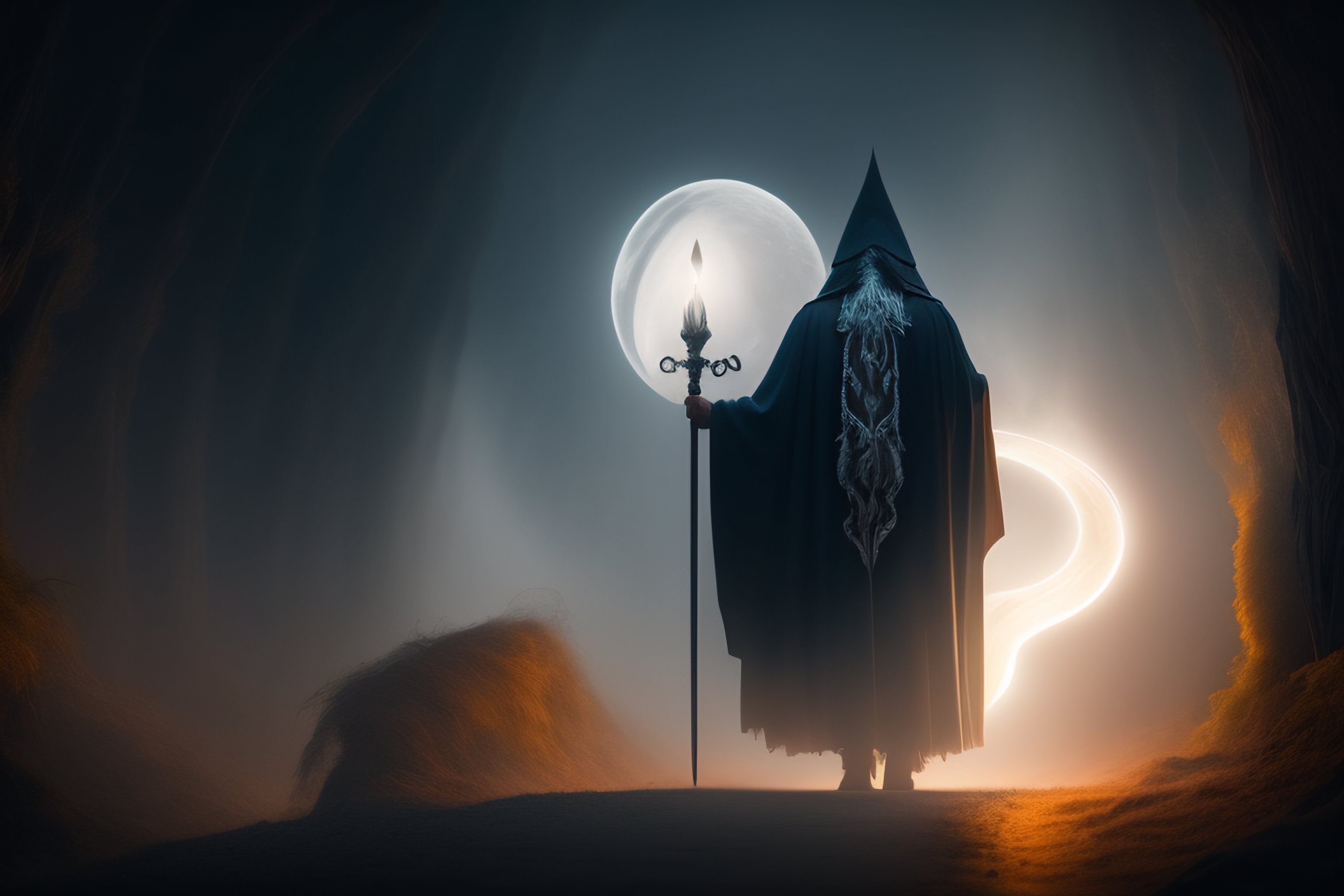 Lexica - One Greek wizard in dark robe hold a staff that has a white ...