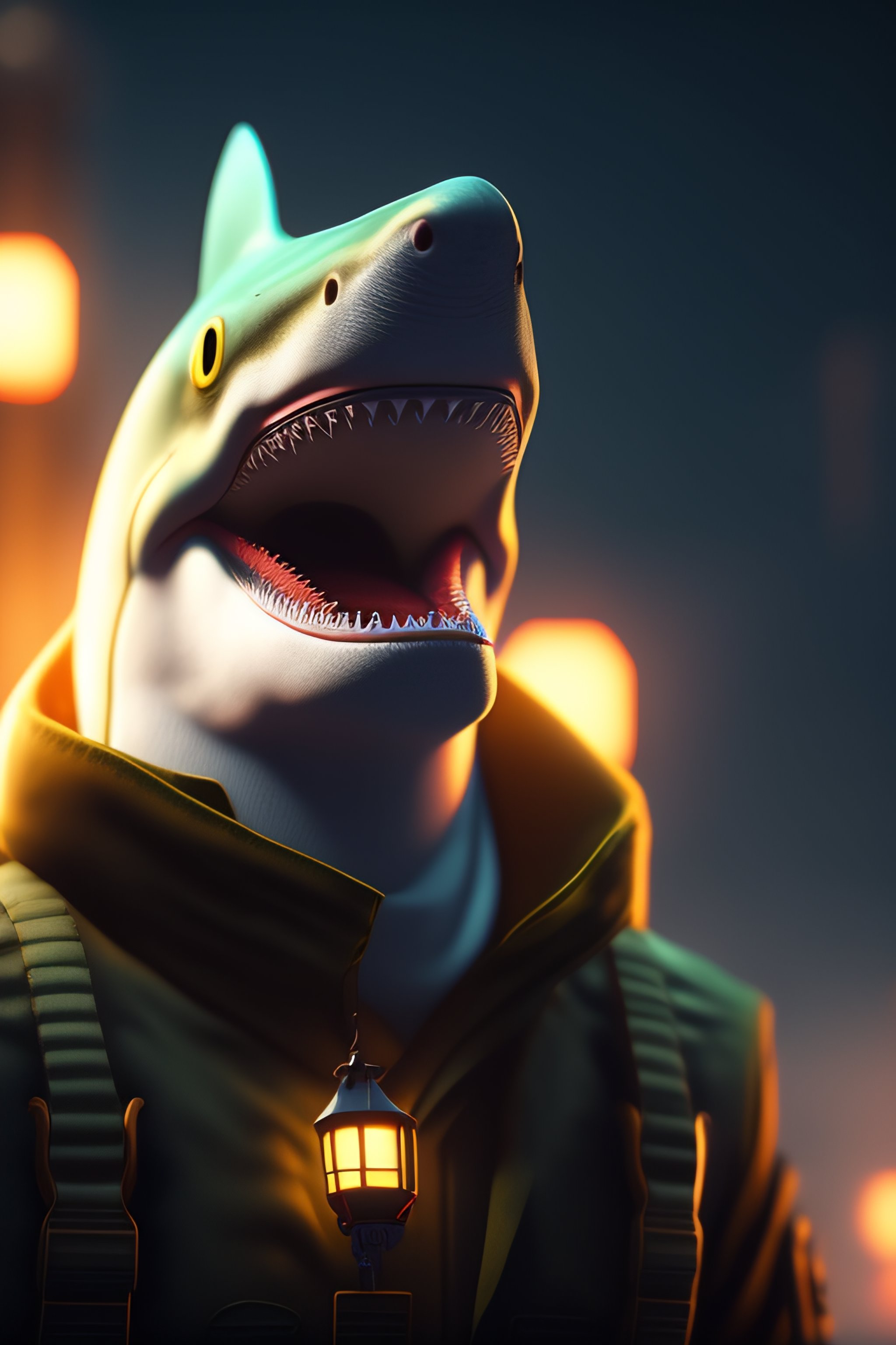 Lexica - An exhausted smiling shark at the frontlines in the army at ...