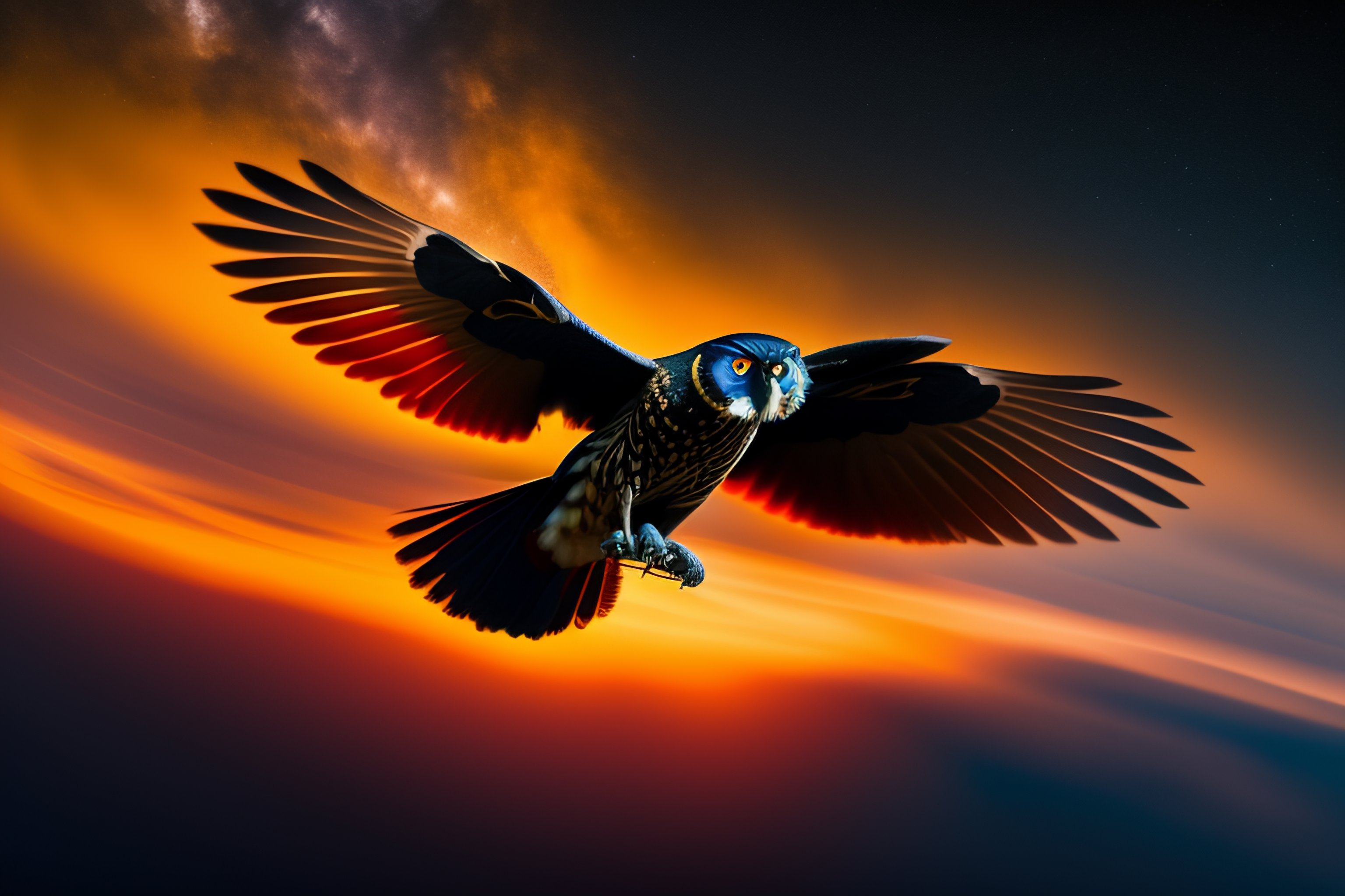 Lexica - Epic picture of a black,golden, red owl, flying around the earth.