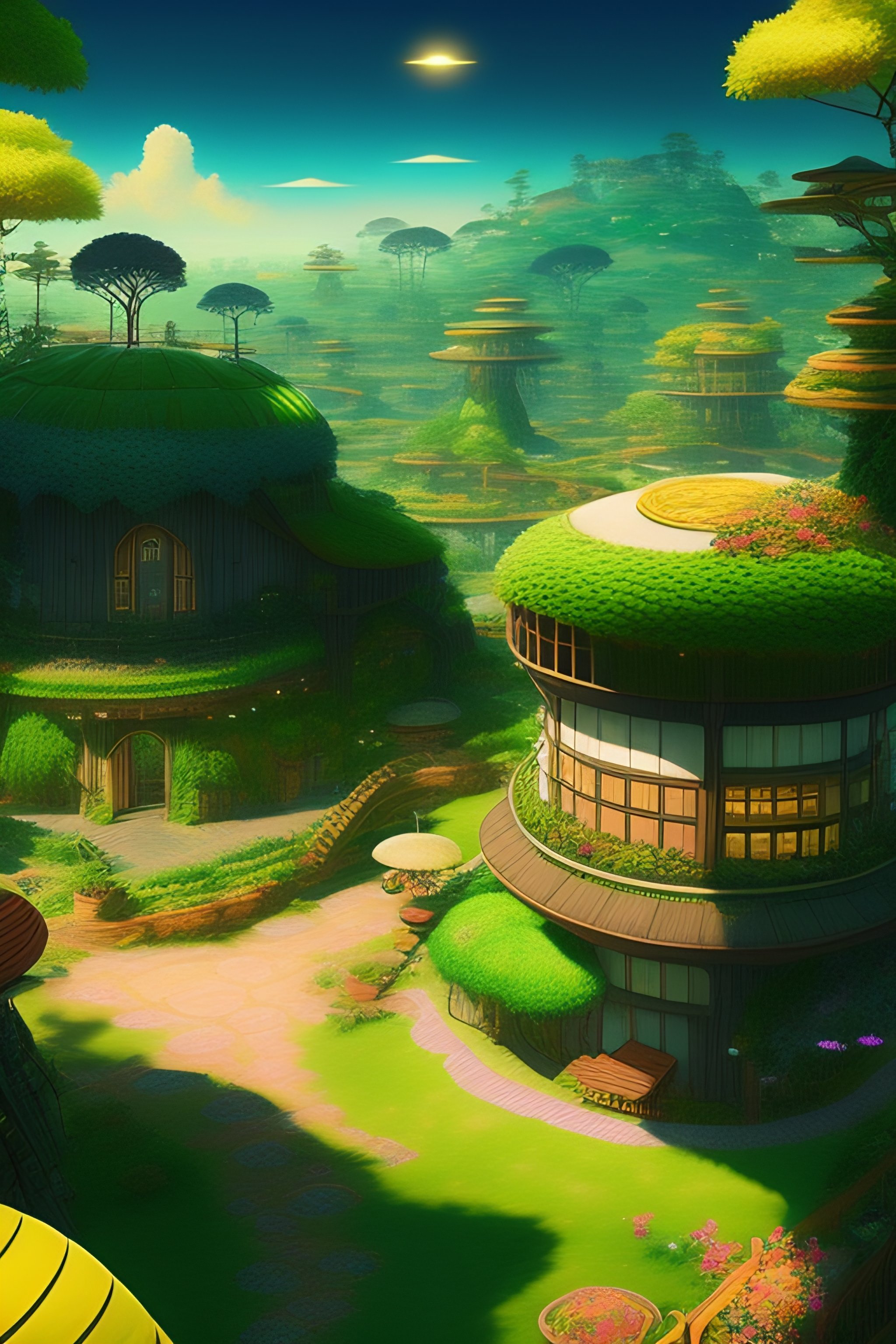 Lexica - Realistic Solarpunk utopian farmland, from the roof, many ...