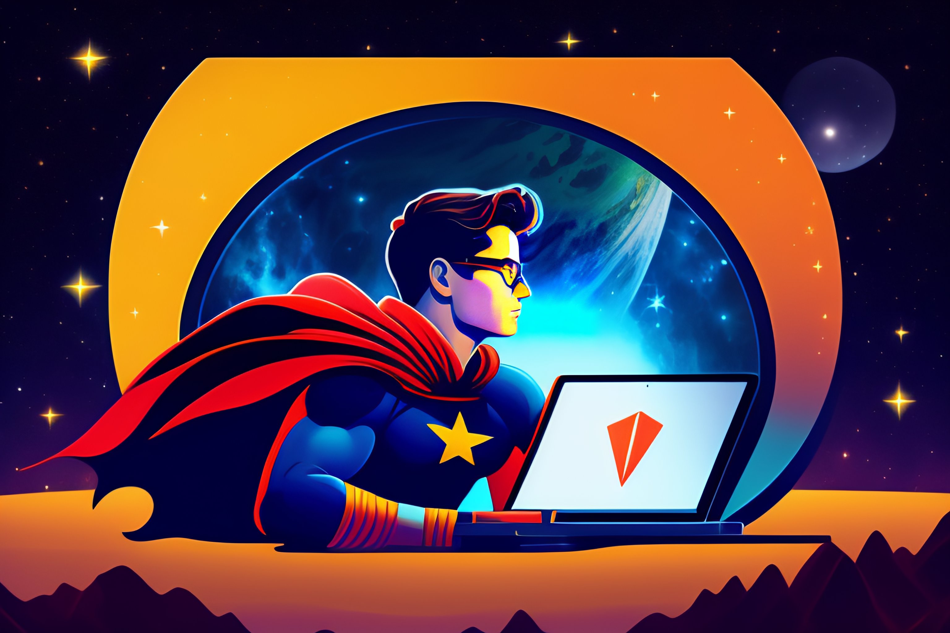 Lexica - A superhero flying and coding a laptop in the galaxy around ...