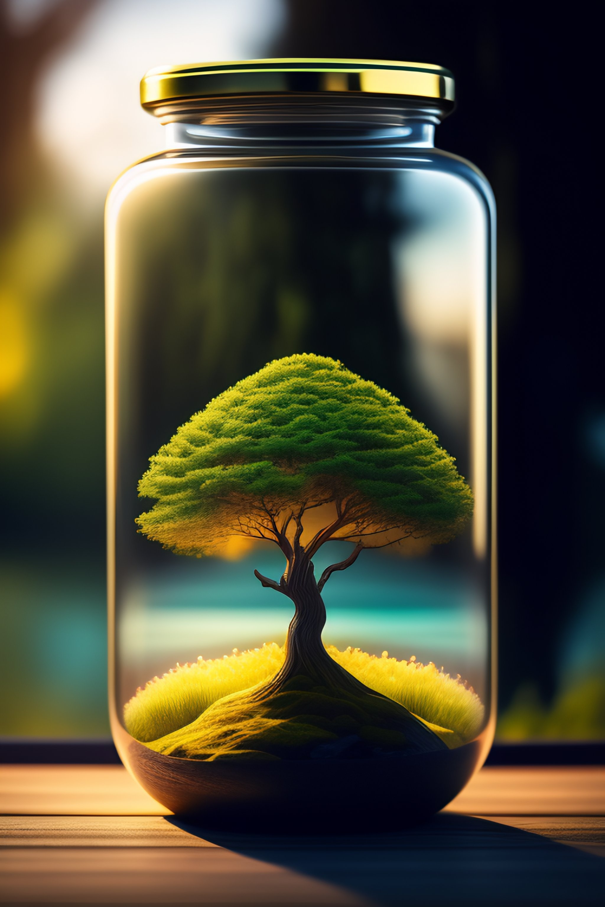 Lexica - Glass jar with a tree inside, standing on a cliff, bokeh ...