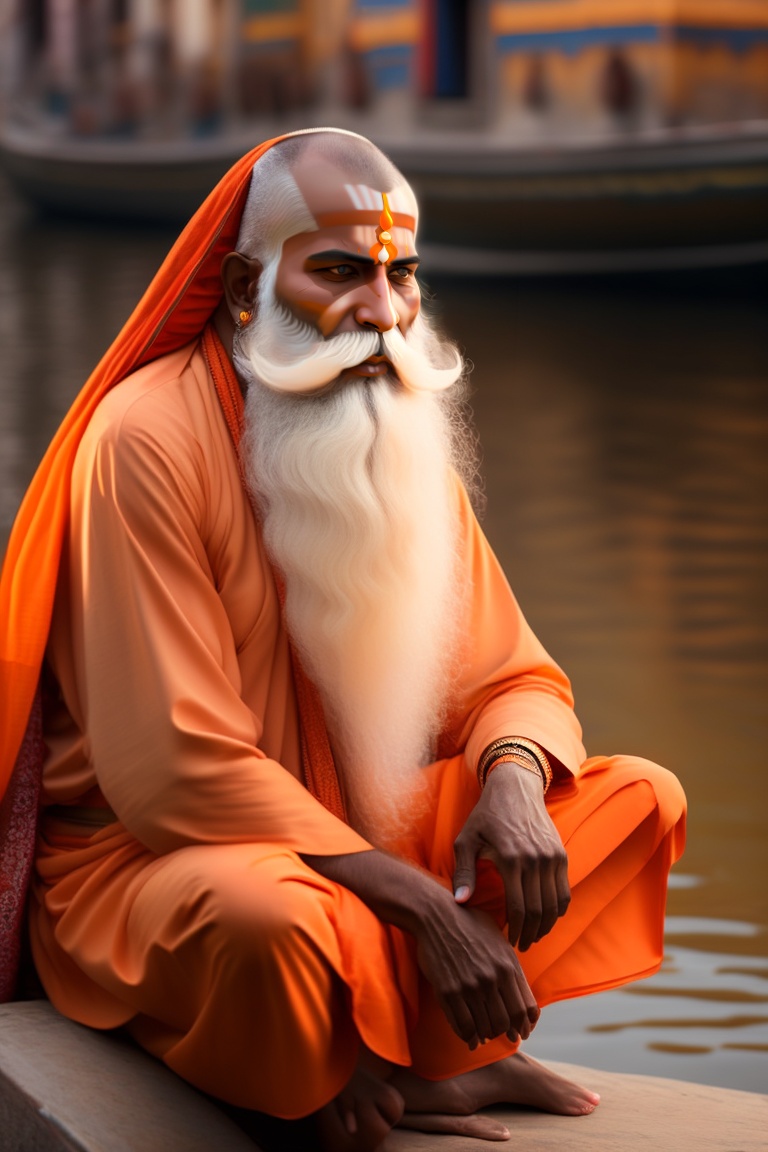Lexica - A serene sadhu sitting cross-legged on the banks of the Ganges ...