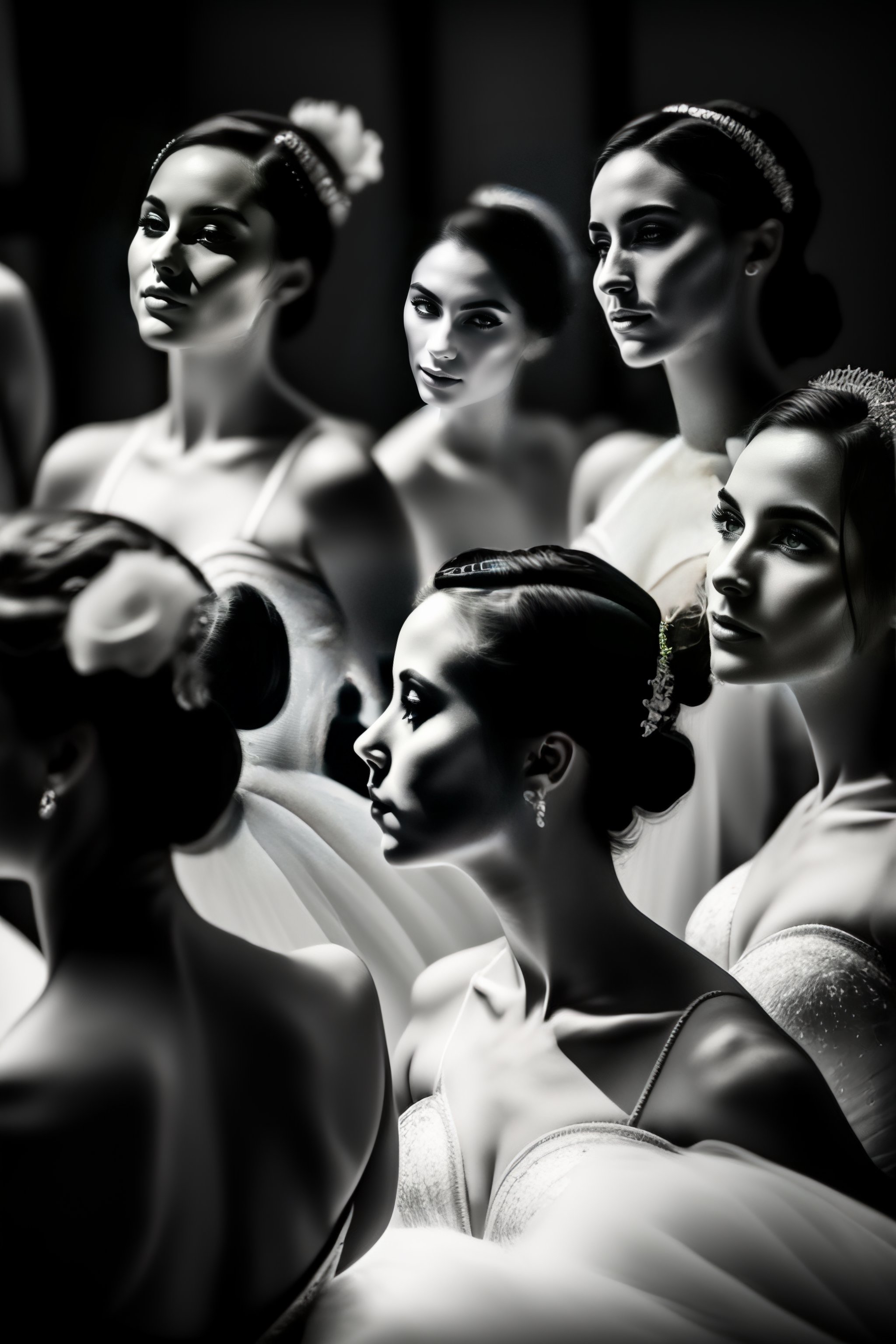 Lexica - GROUP OF BALLERINAS photography, dreamy, black and white