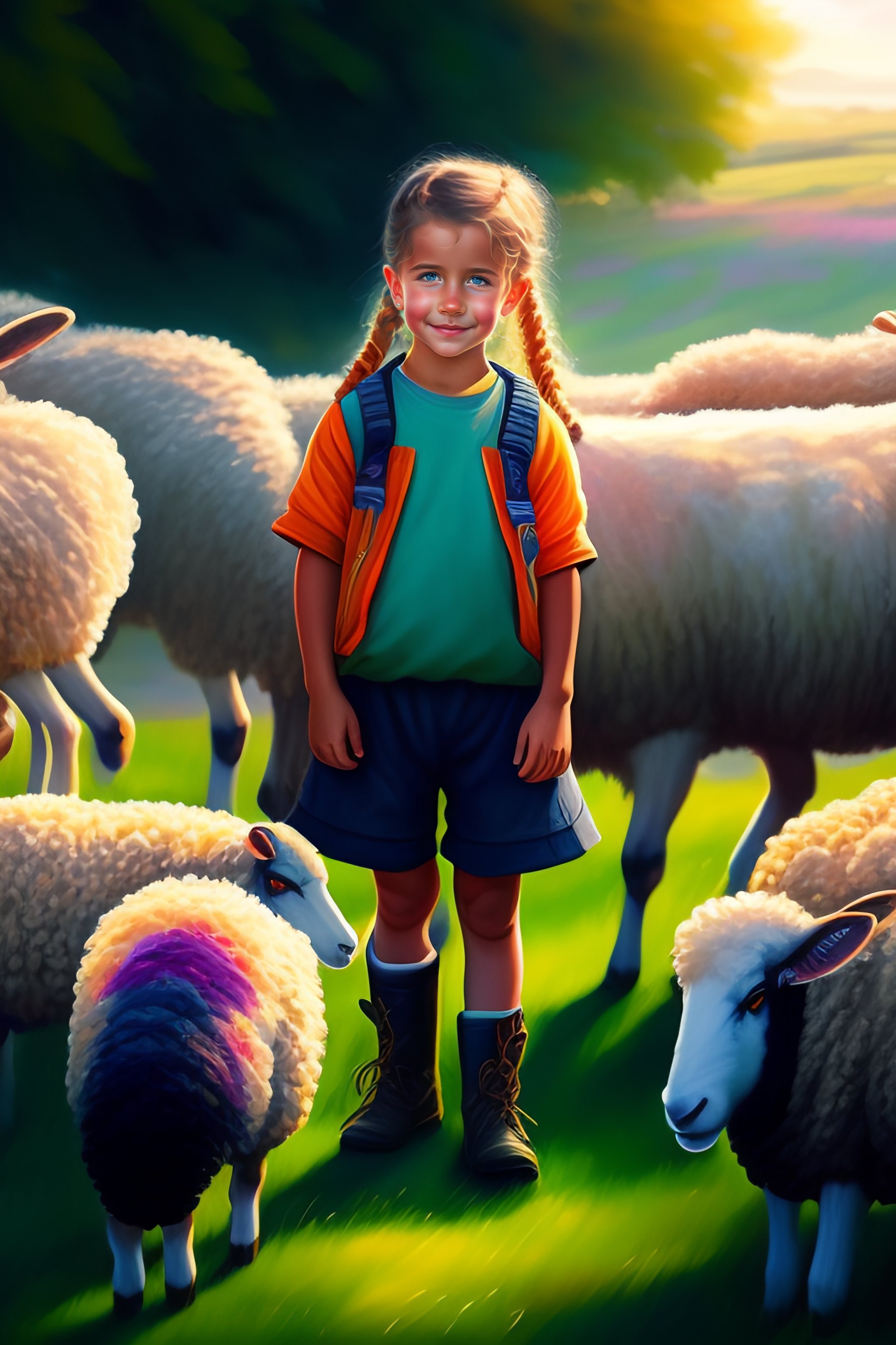 Lexica - Shepard with sheep, group of children, grazing fields, summer camp, highly detailed ...