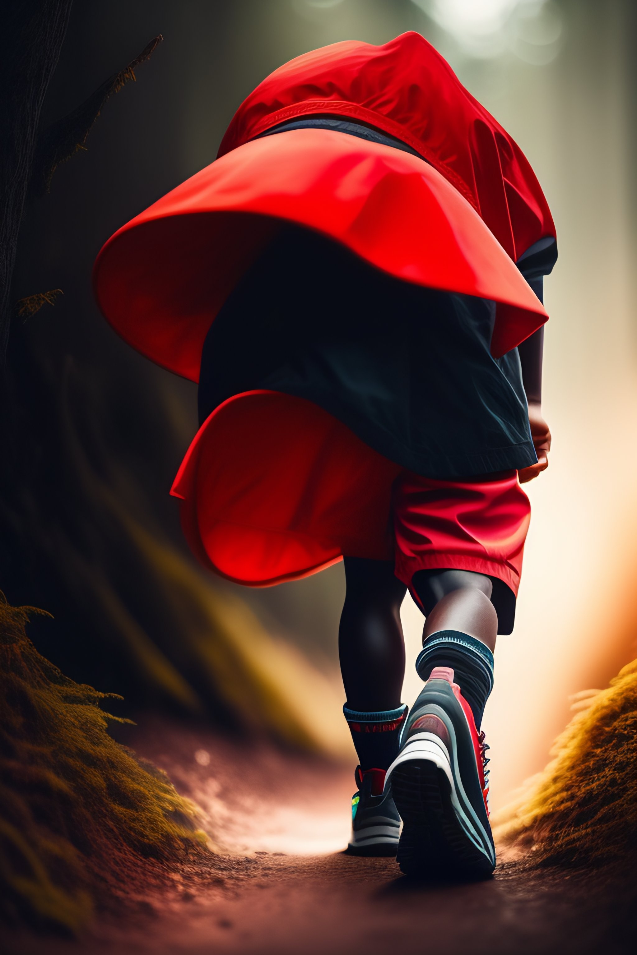 Lexica - One leg, black boy, red cap, forest, realistic