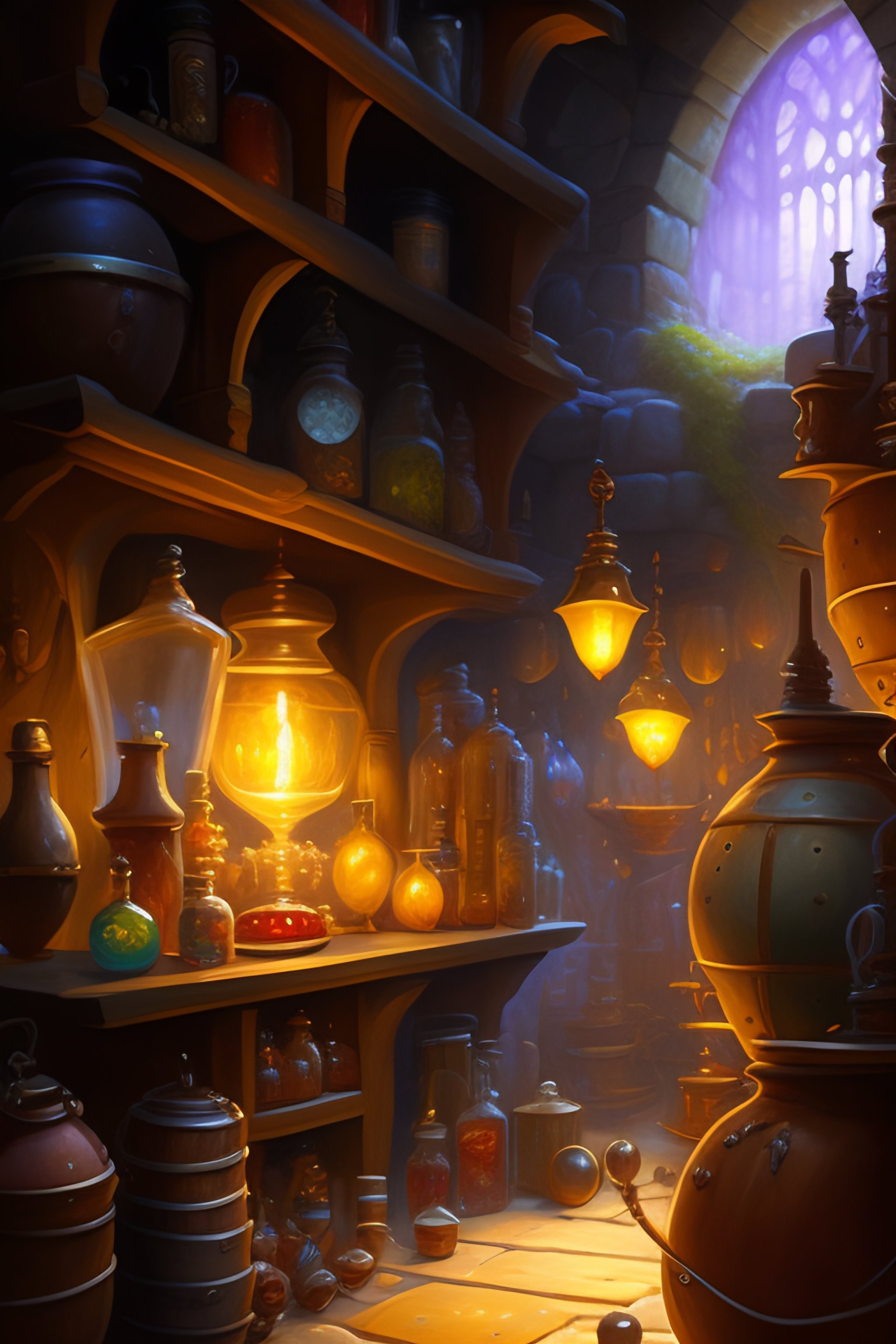 Lexica - Surreal painting of a cluttered fantasy medieval alchemist's ...