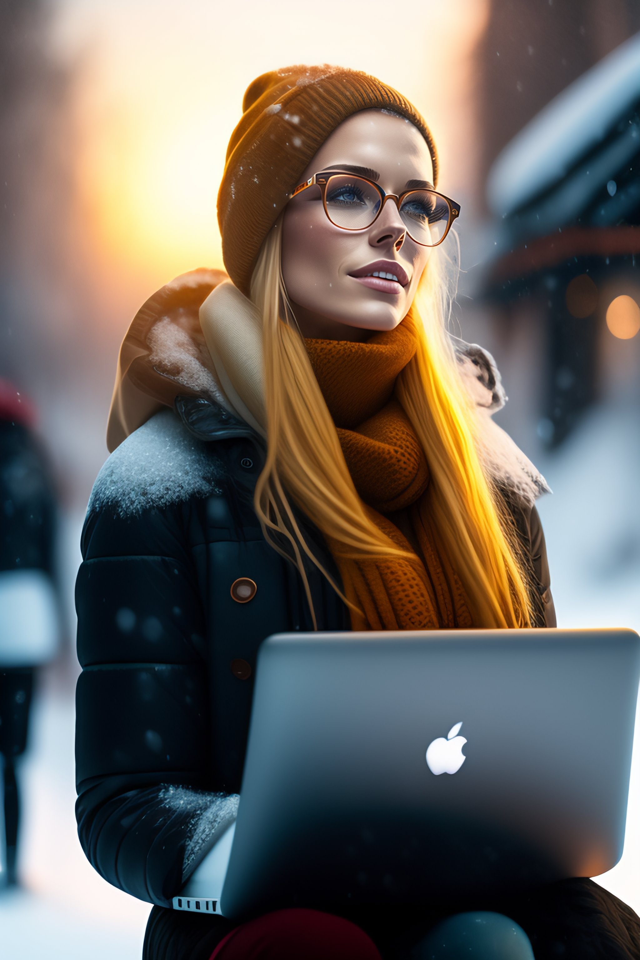 Lexica - Hipster desginer, blond, working on laptop in snow, outside, woman