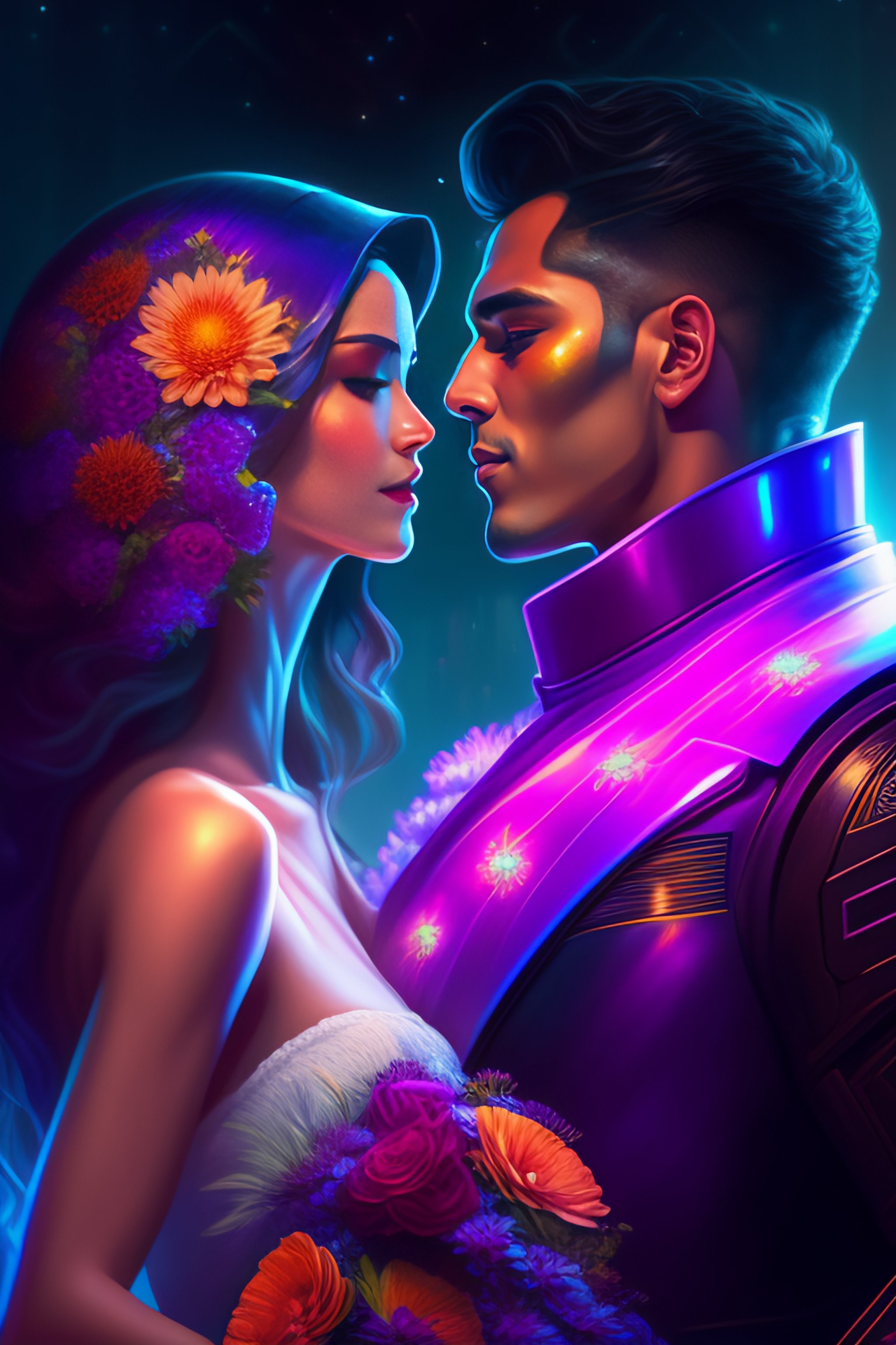 Lexica - An android man gives a bouquet of flowers to a beautiful human ...