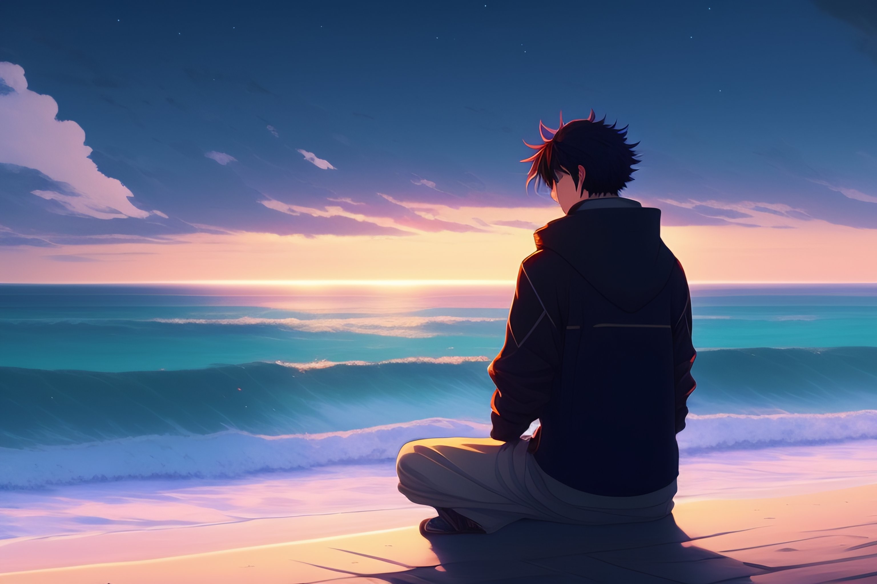 Lexica - Beautiful anime painting of back of a man from a far with dark ...