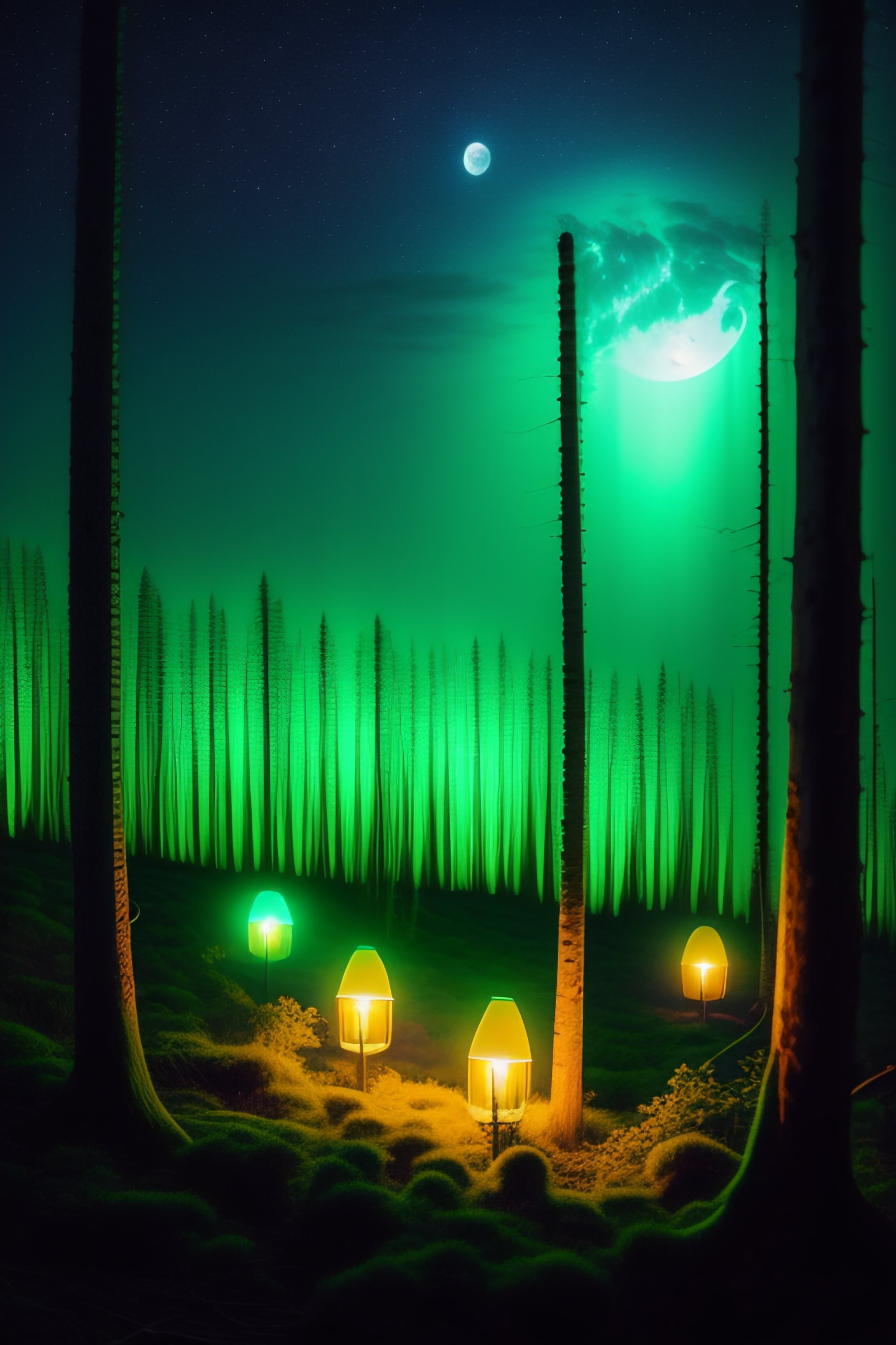 Lexica - Cosmic forest overgrown bioluminescent mushrooms in the moonlight