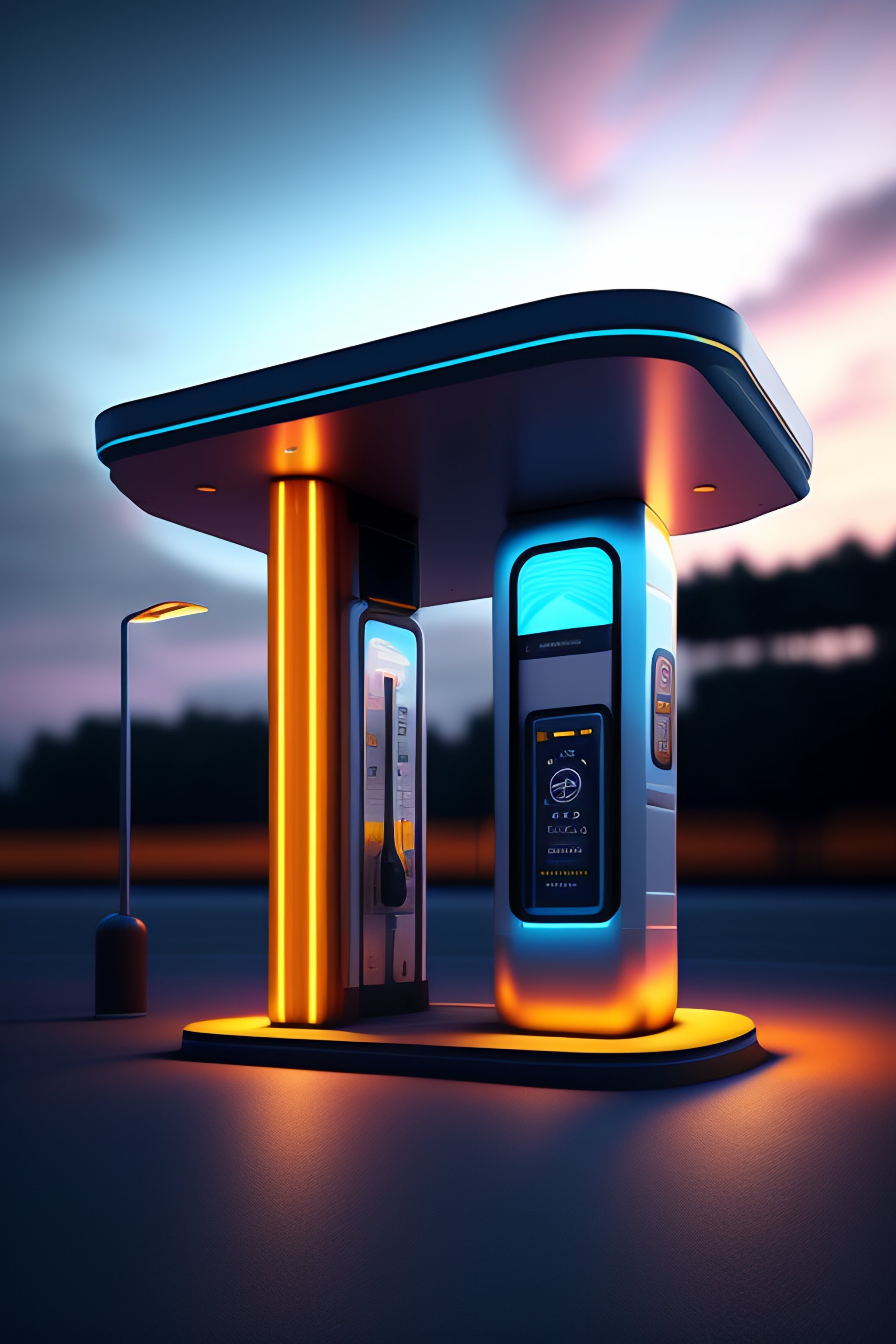 Lexica - Futuristic EV gas station, dutch angle, dynamic lighting, LED lighting, Lumen render, 8k
