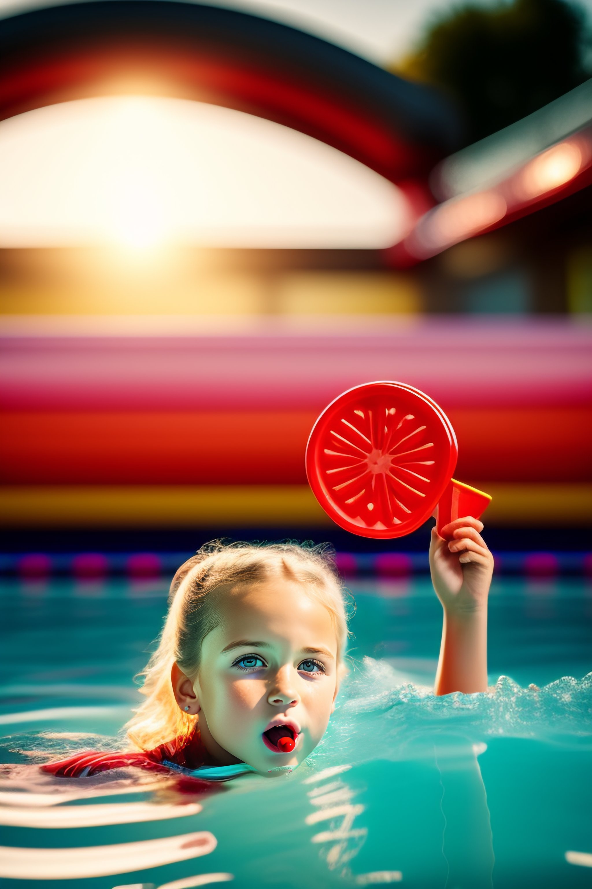 Lexica - 7 year old European school girl, next to a swimming pool ...