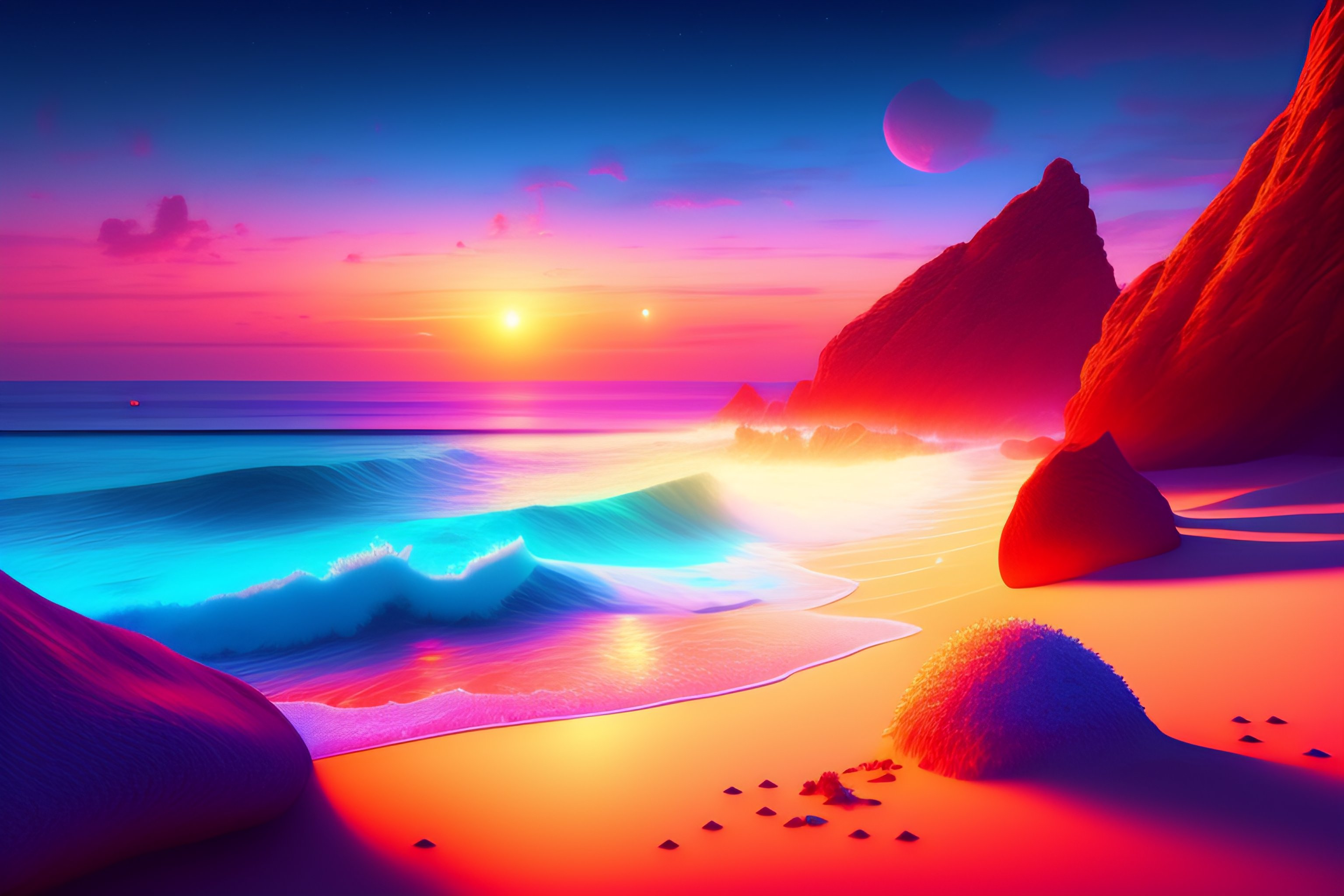 Lexica - Cyan glowing ocean, red sunset ,white sand beach, giant ...