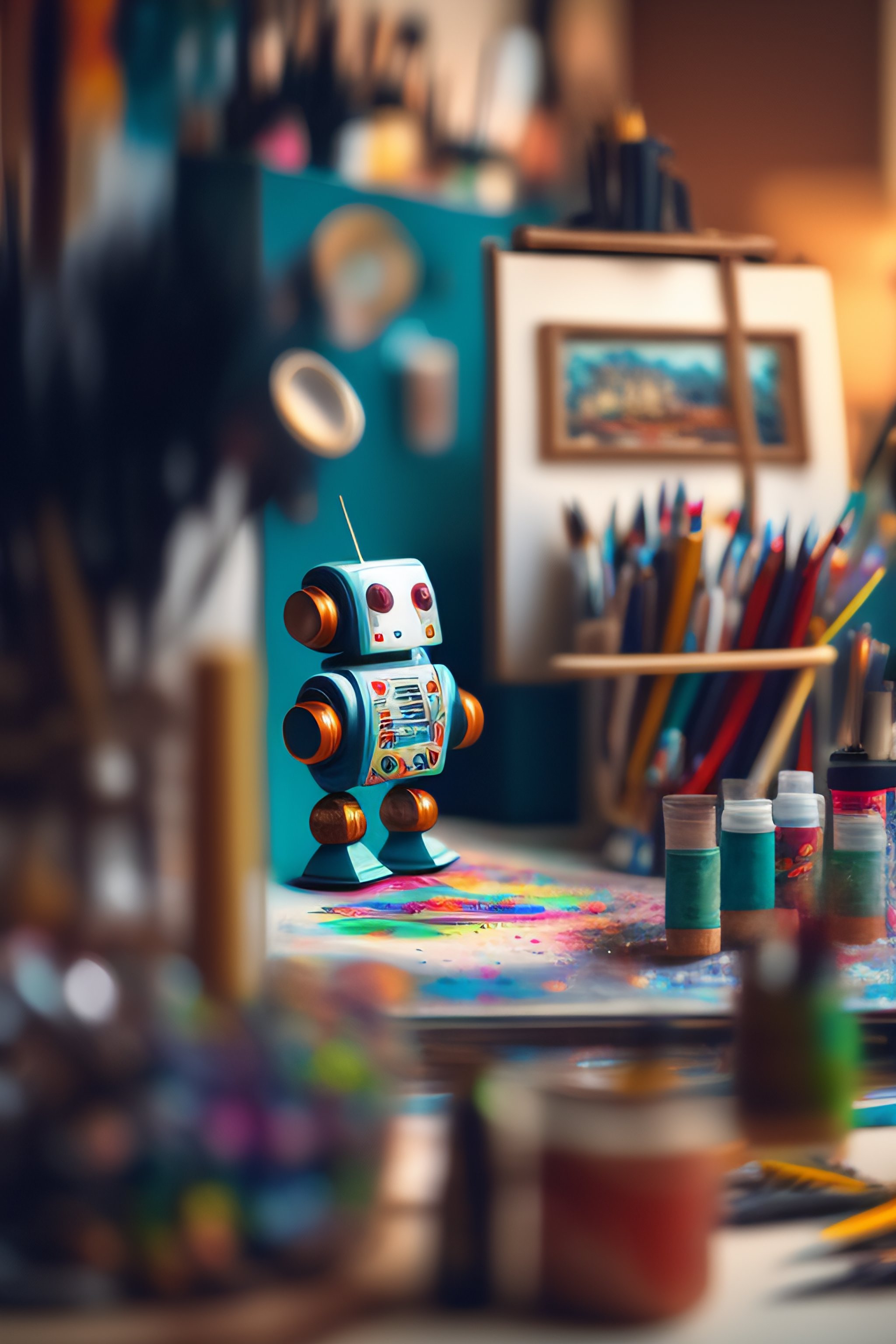 Lexica - A messy, chaotic artist's workshop, inside is a cute robot ...