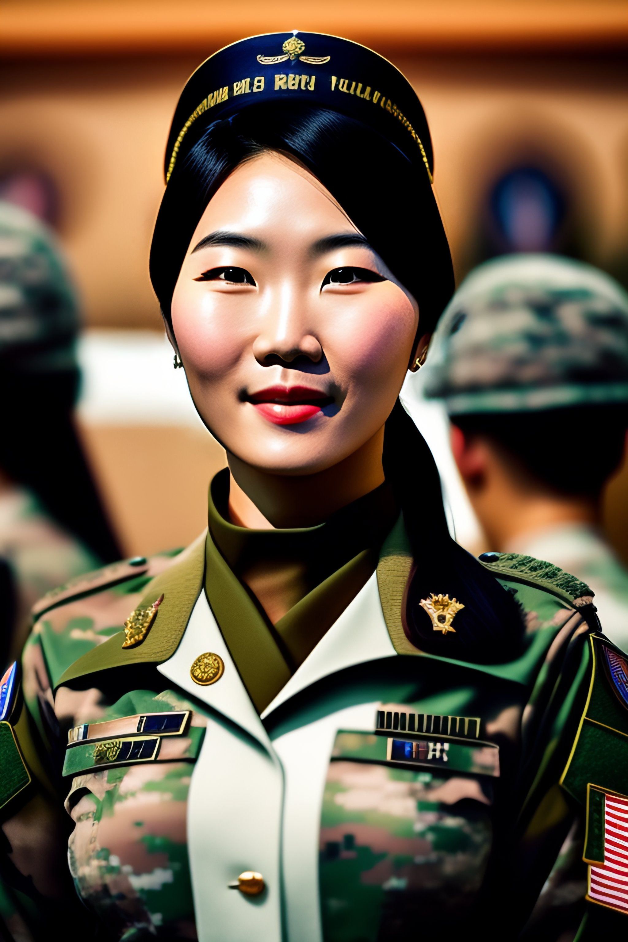Lexica - A beautiful South Korea woman on America soldier uniform with soldier batch name Castro.