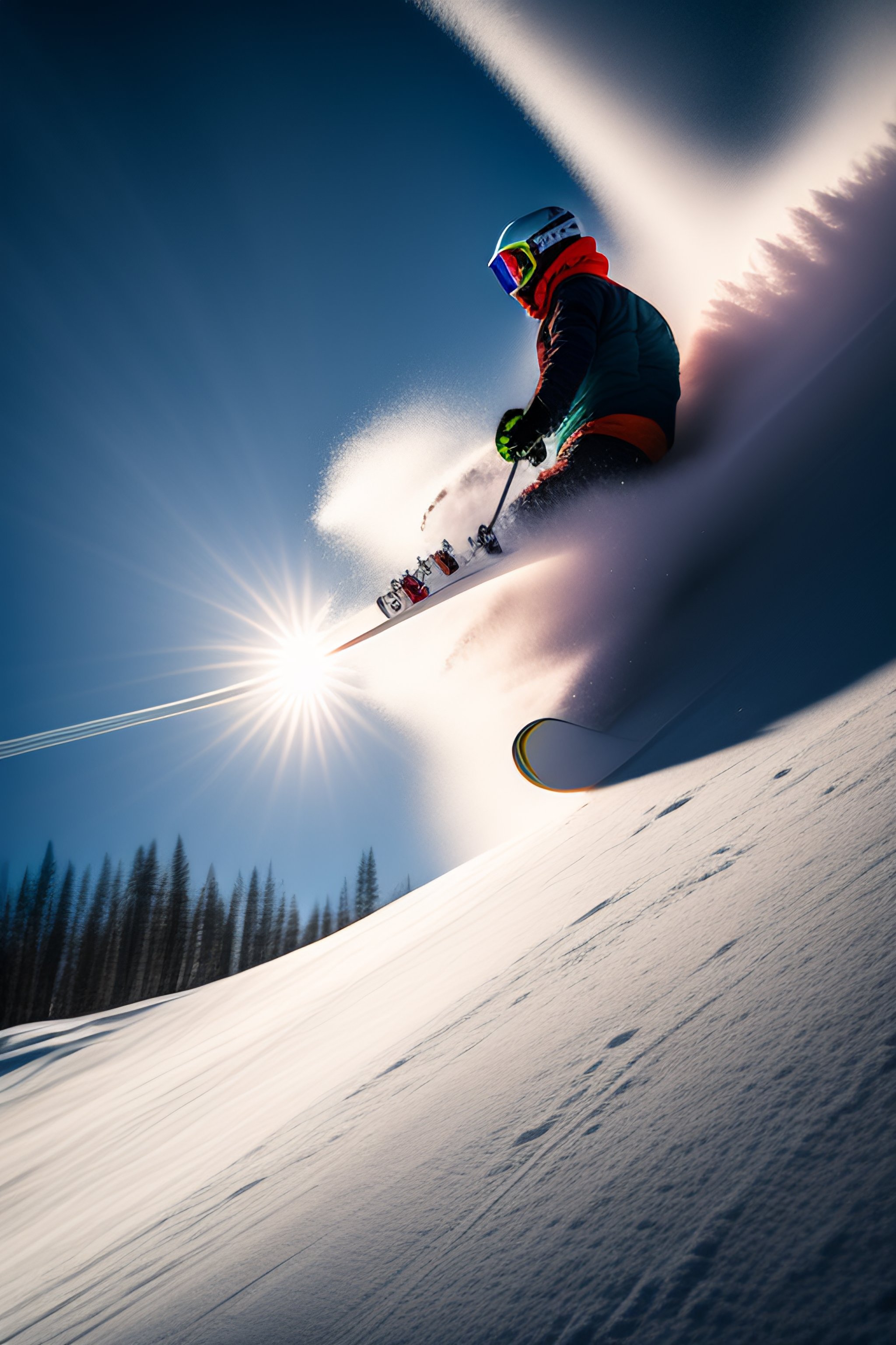 Lexica - Portrait of a downhill skier, hovering in the air, low angle ...
