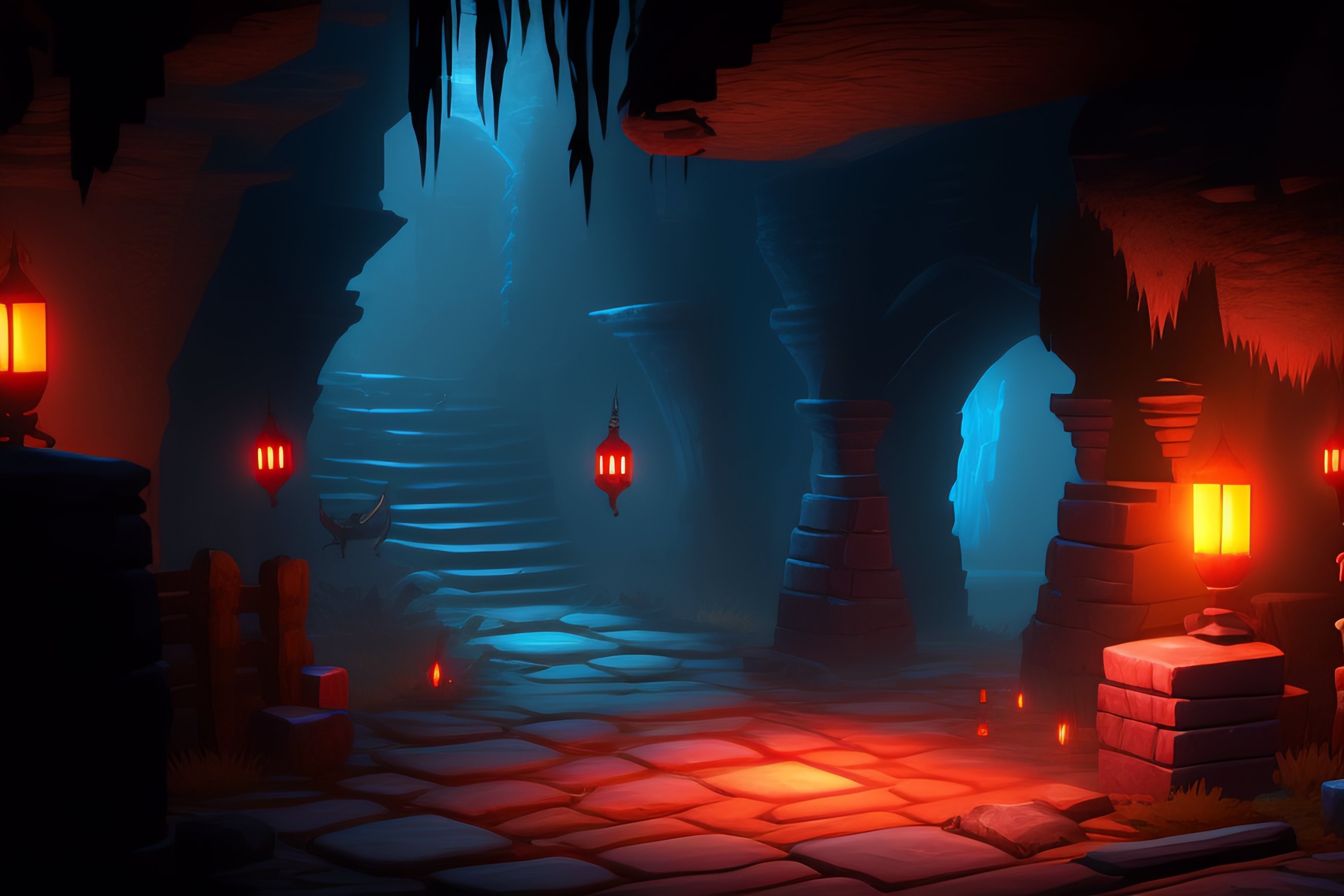 Lexica - Generate an image of a dimly-lit, epic and evil cartoony scene ...