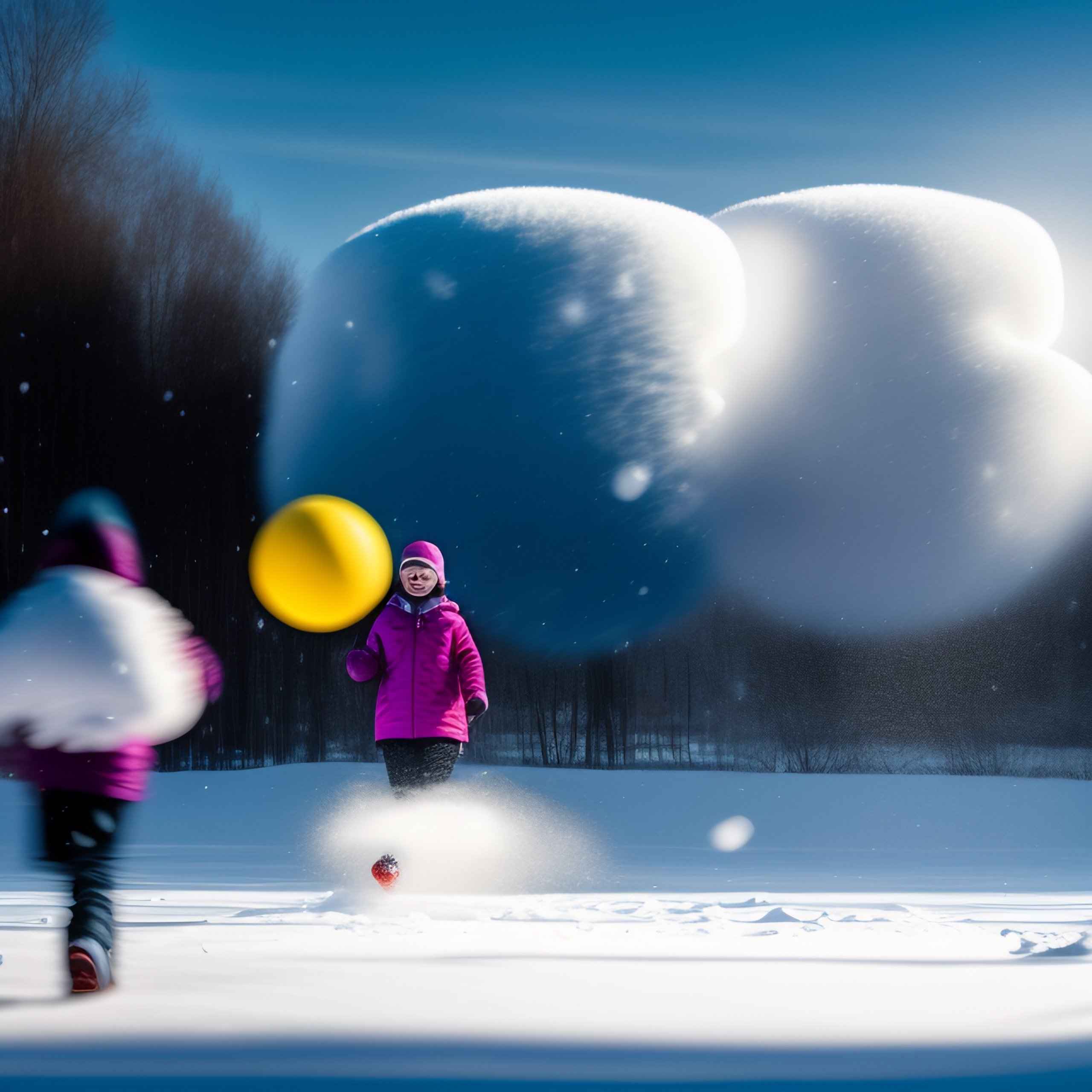 Lexica - A woman throwing snowballs at 3 kids running by a swing set in ...