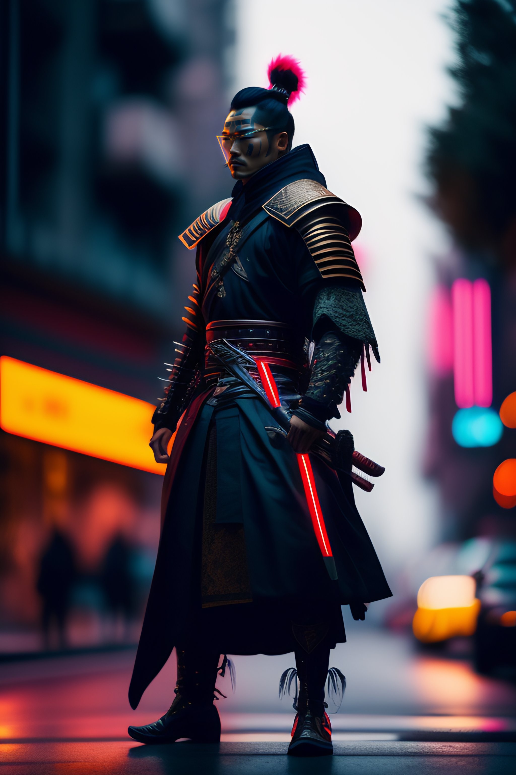 Lexica - Slow shutter speed photo of a cyberpunk samurai with neon ...