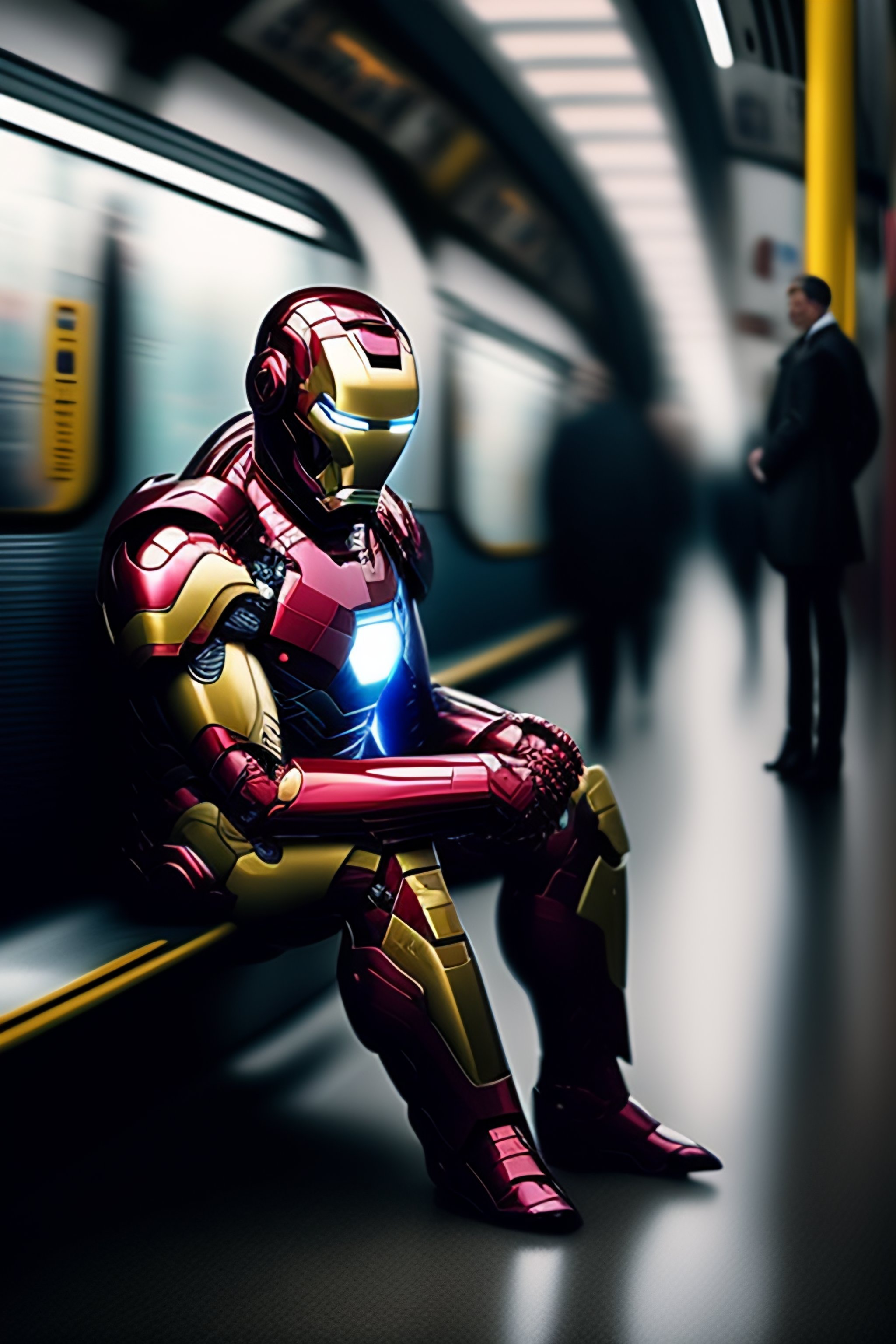 Lexica - Iron Man sitting in the London Underground, wide angle shot