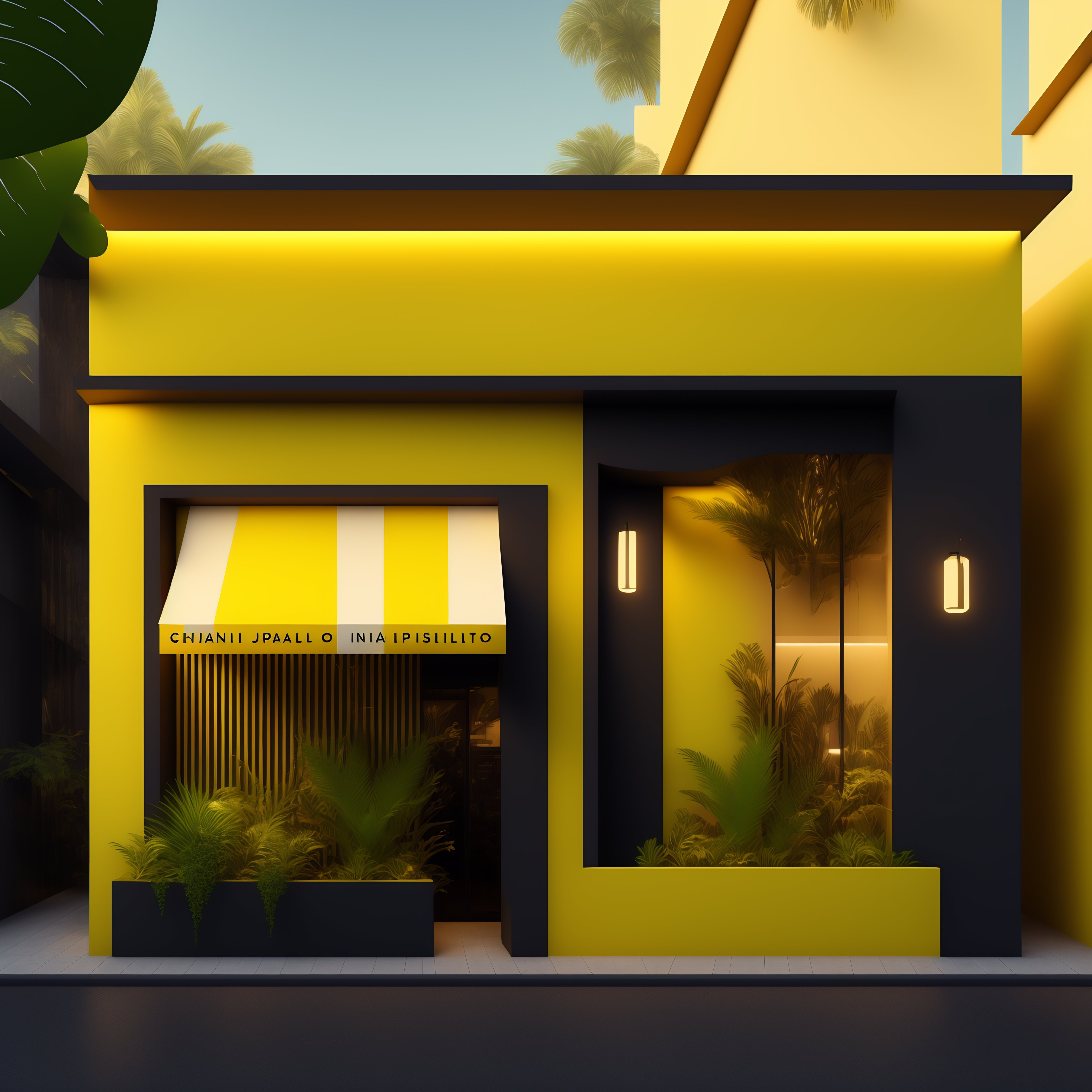 Lexica - A yellow gelato shop facade with tropical plants, minimalist ...