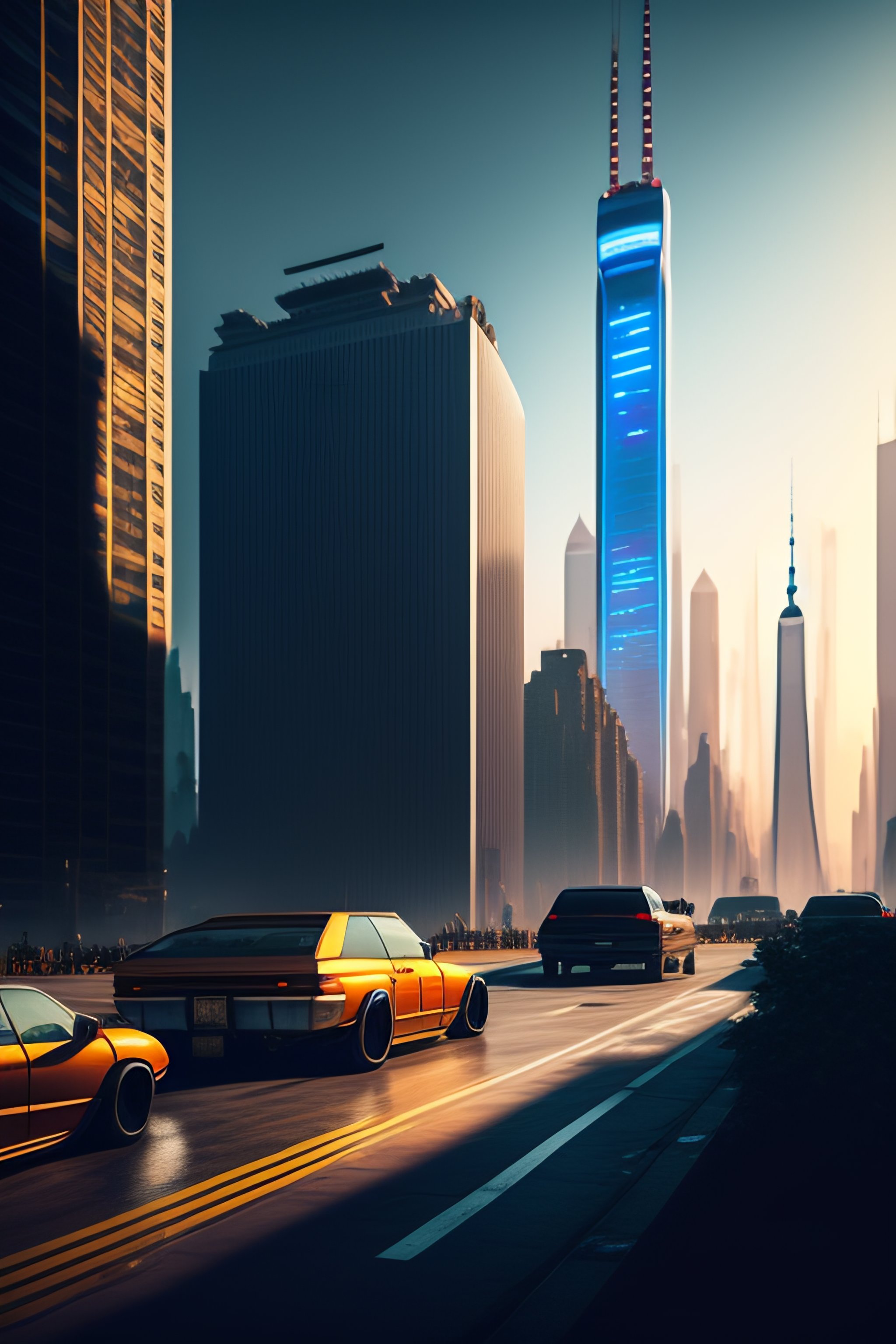 Lexica - Realistic cyberpunk horizon of NYC with cars