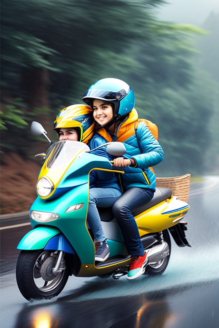 Lexica - A couple riding scooty in a rainy day in highway,wearing ...