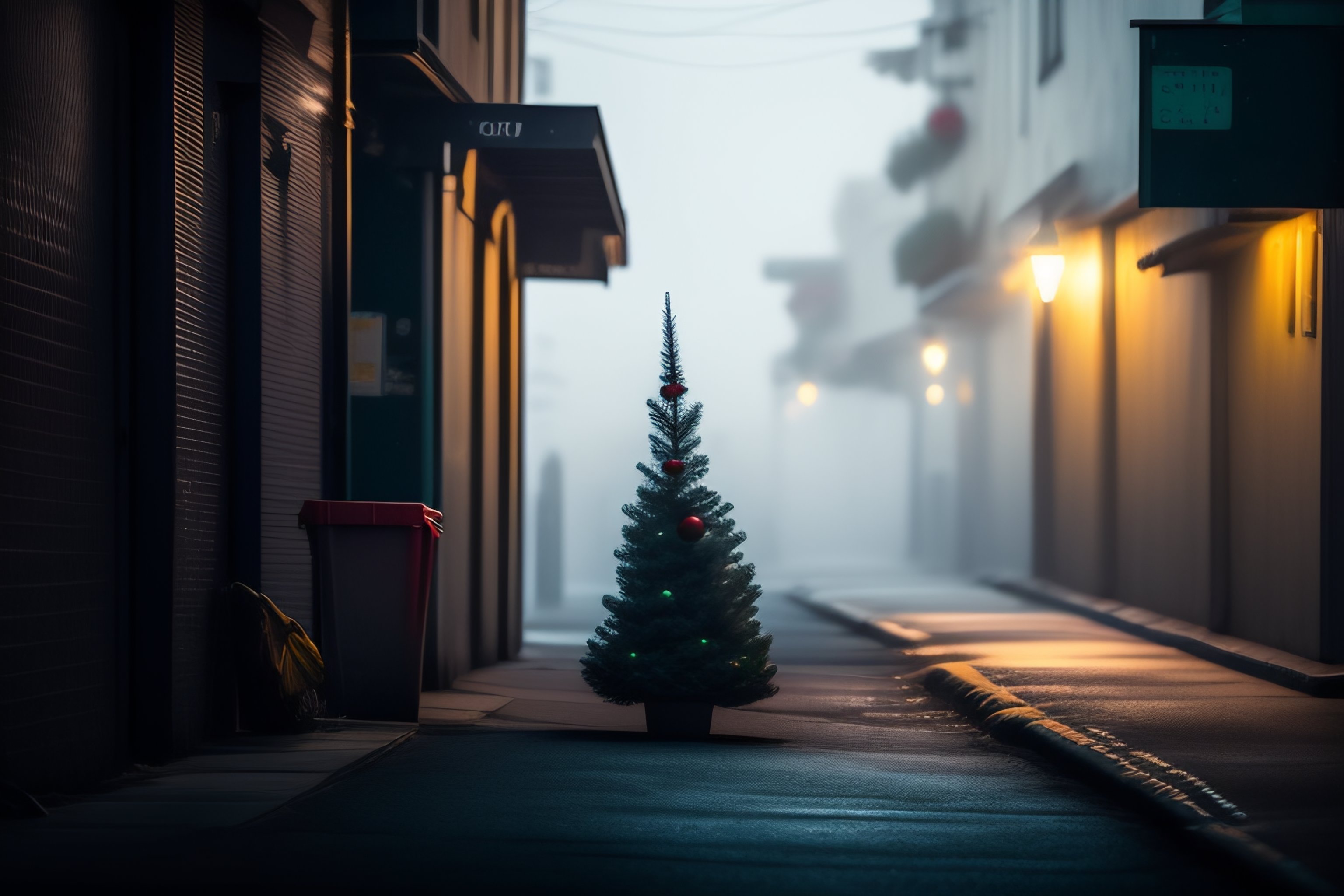 Lexica - Lonely christmas tree in a dark misty alley between many ...