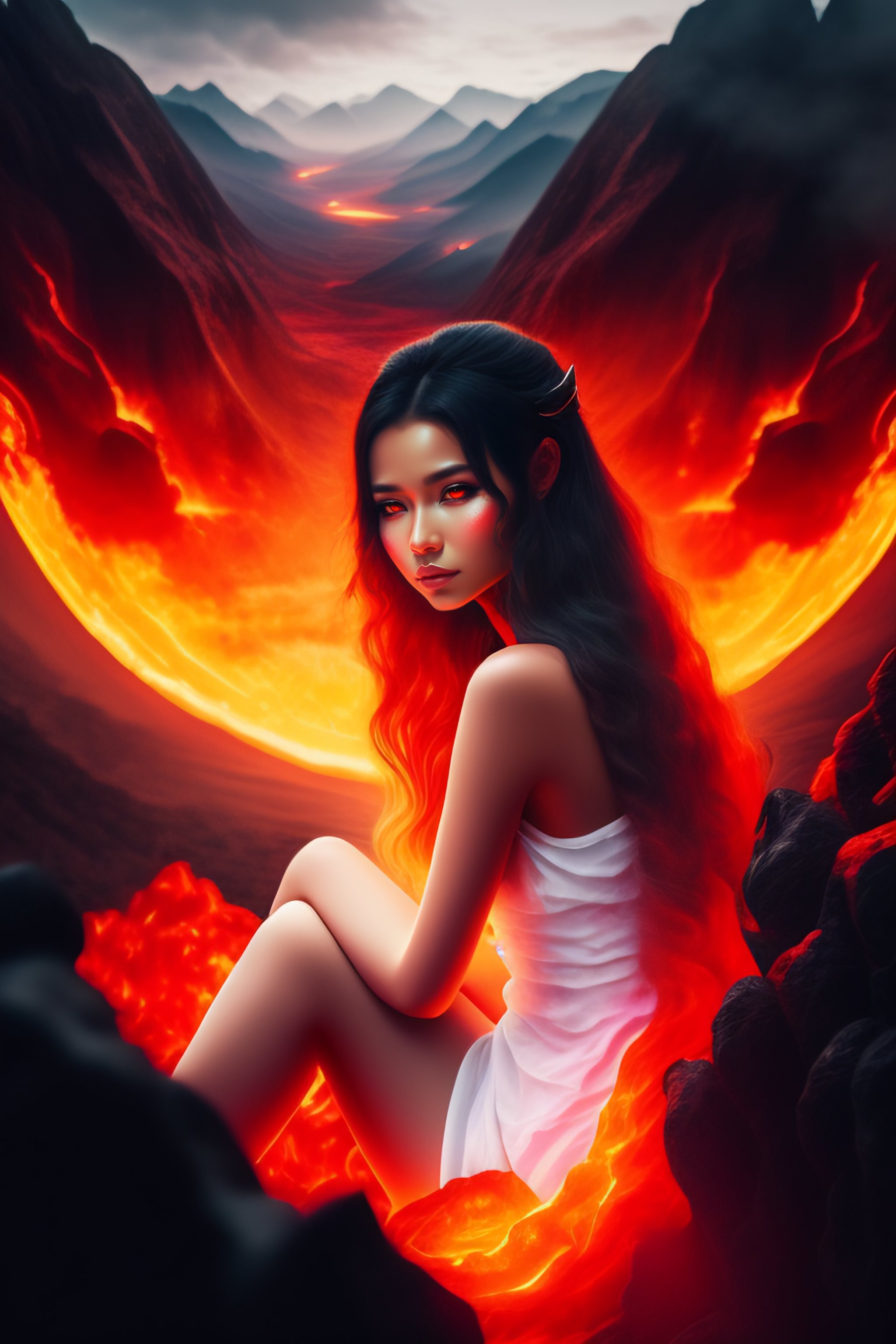 Lexica - Demon girl sitting in hell with lava and red mountains, white ...
