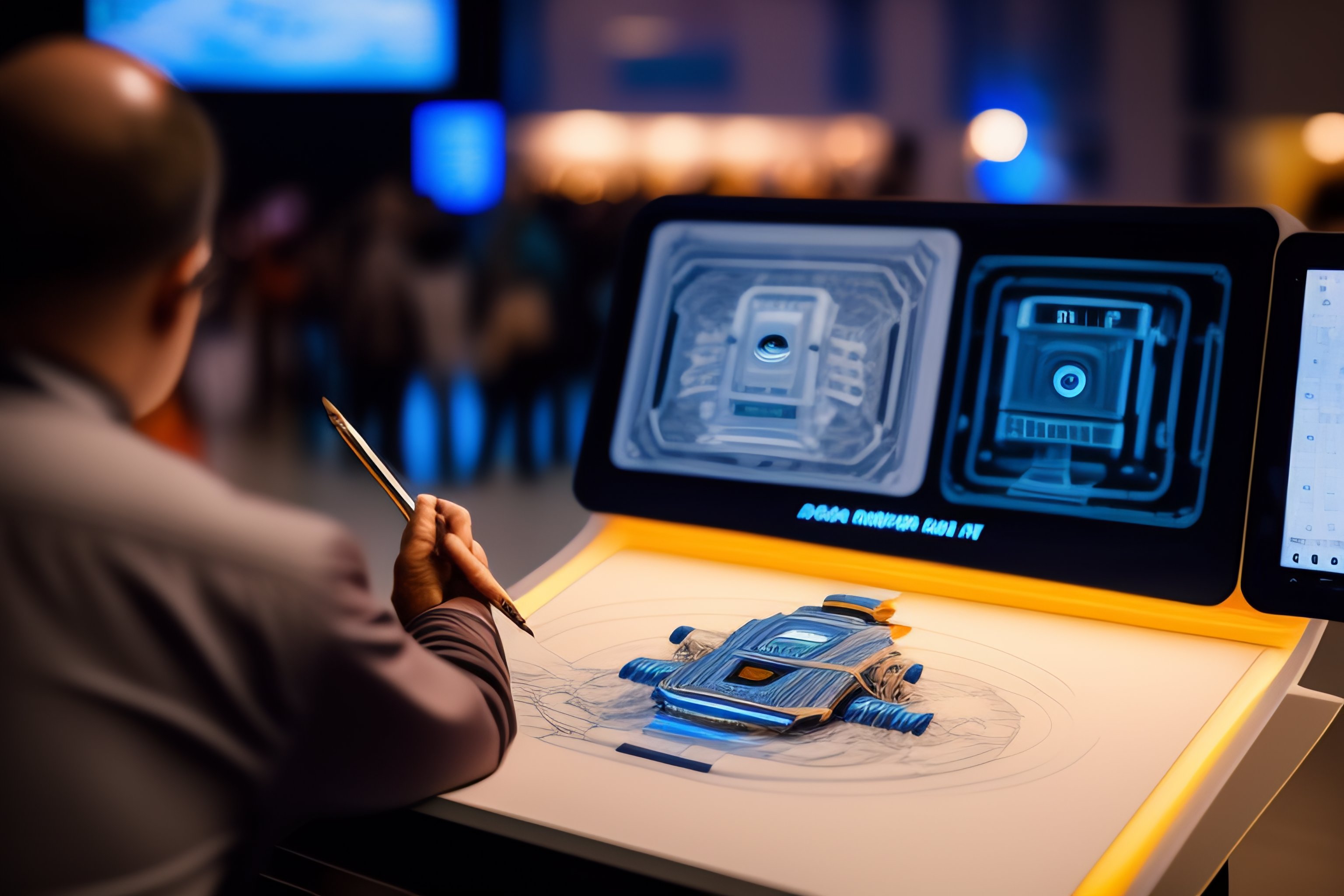 Lexica - AI robot sketching a sketch in front of large audience