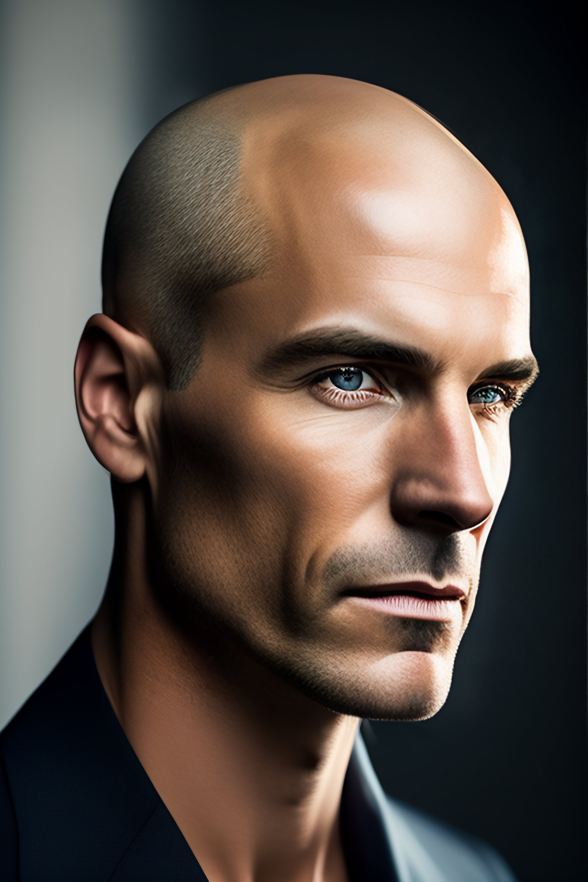 Lexica - Headshot, bald man, circuitry skin