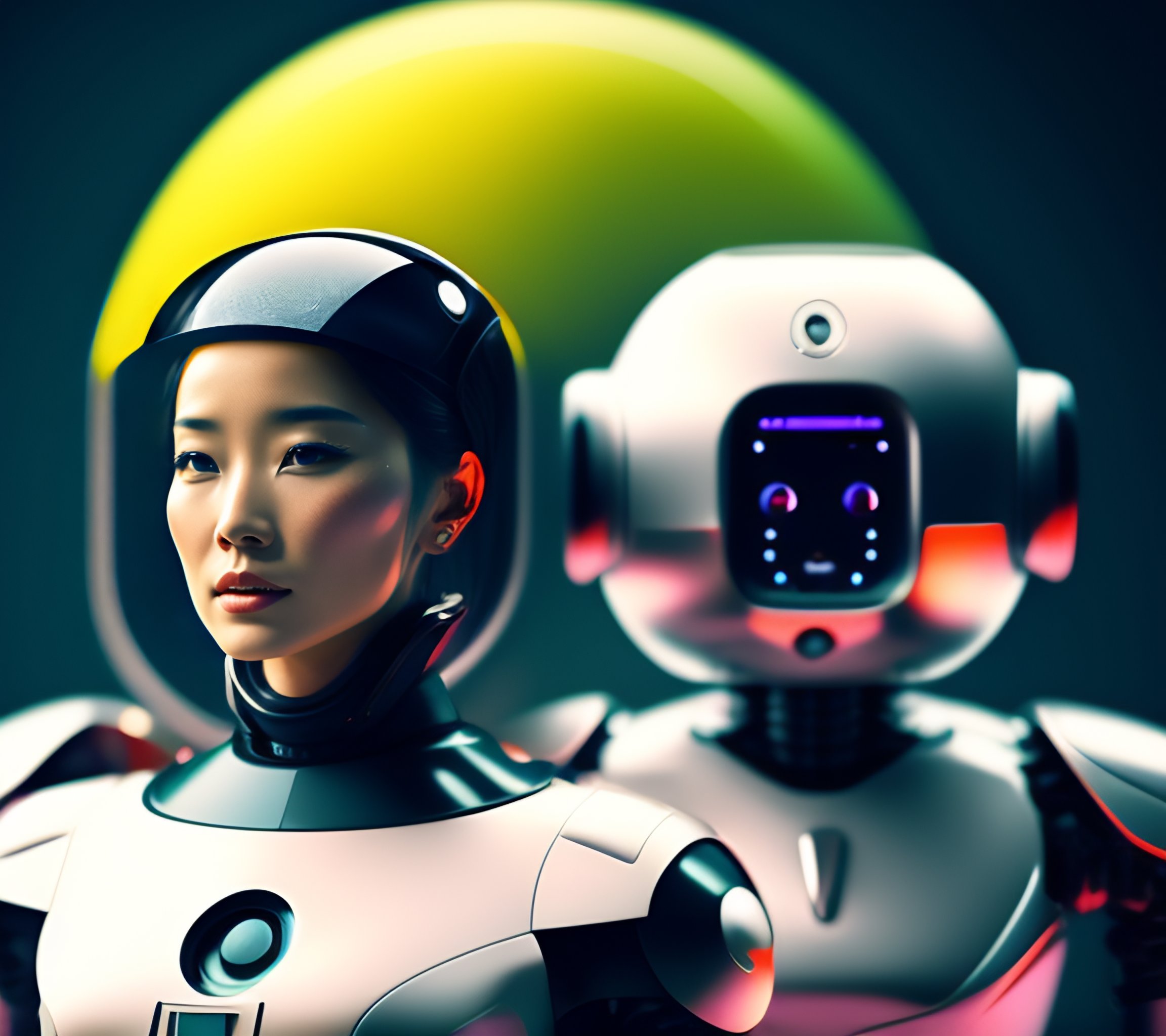 Lexica - Robots and humans coexist in synchrony. Utopian future.