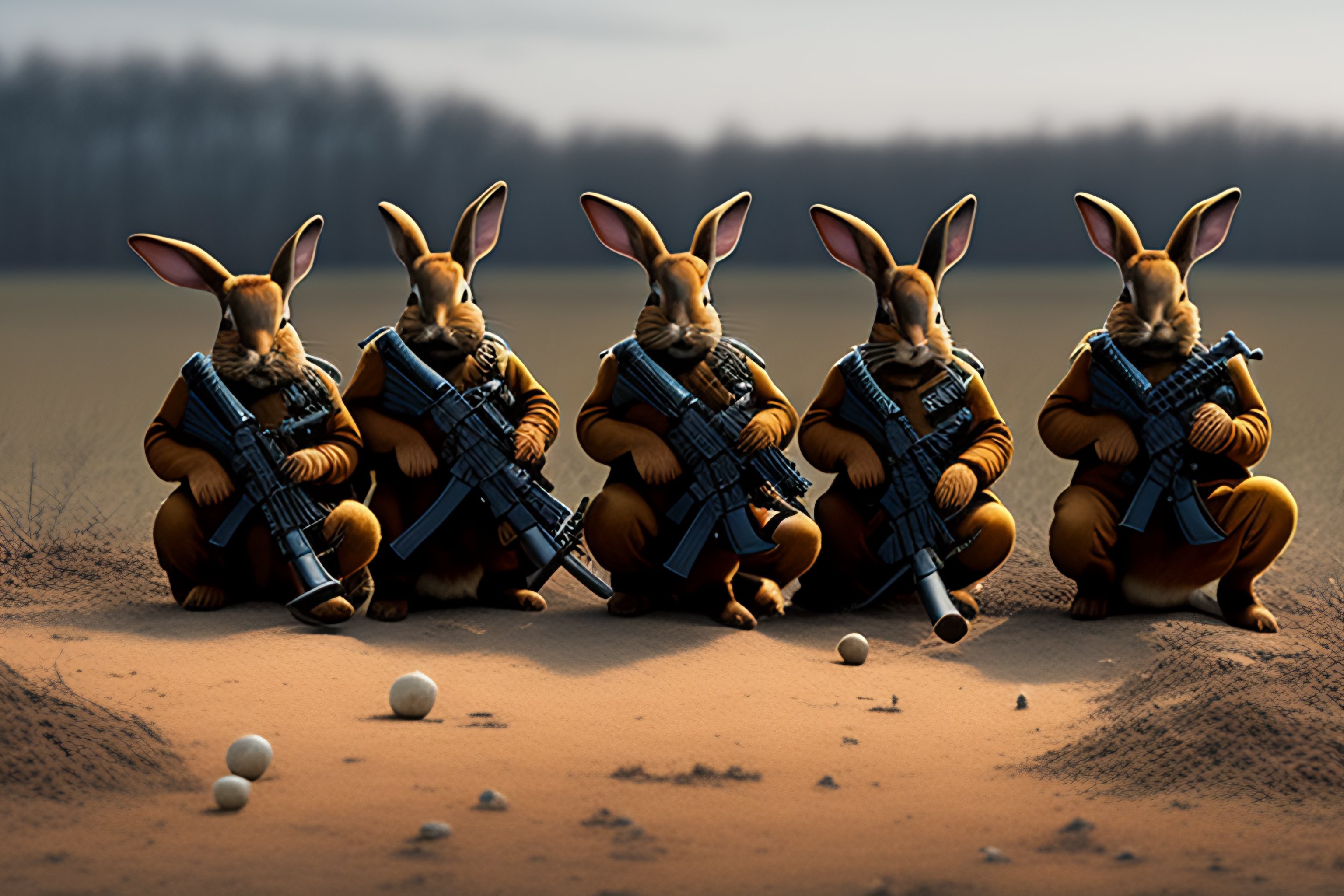 Lexica - Five rabbits dressed in bulletproof vests hold Kalashnikov ...