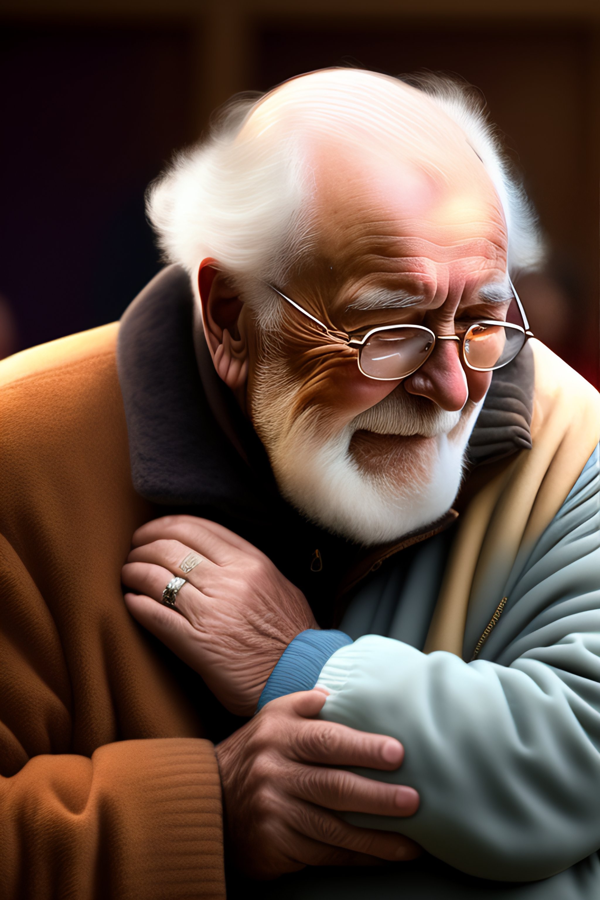 Lexica - Sad crying old man and a baby hand on hand smiling to each other