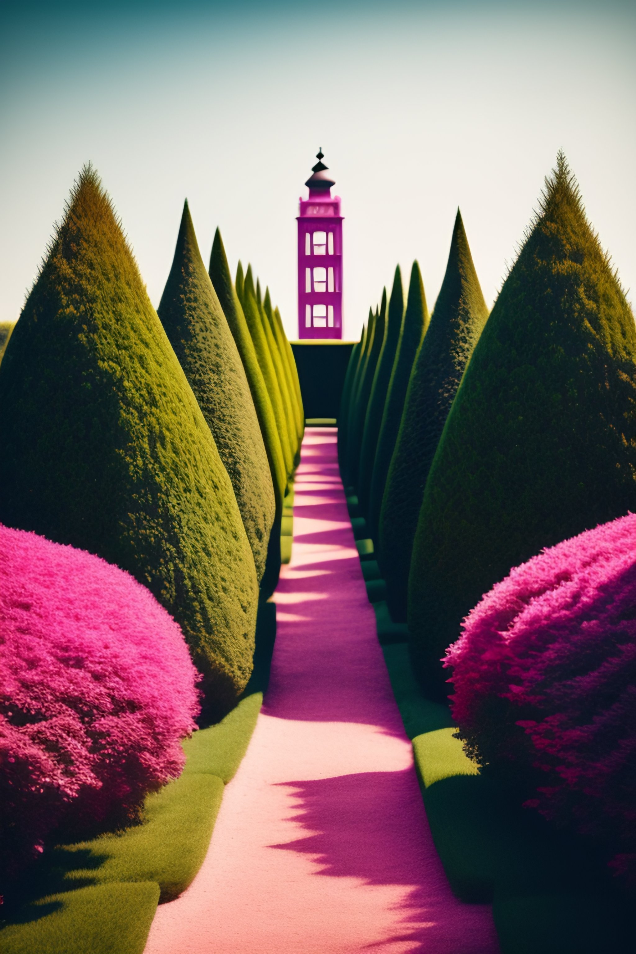 Lexica - Tall hedge maze, pink mist, minimal, vintage, scary