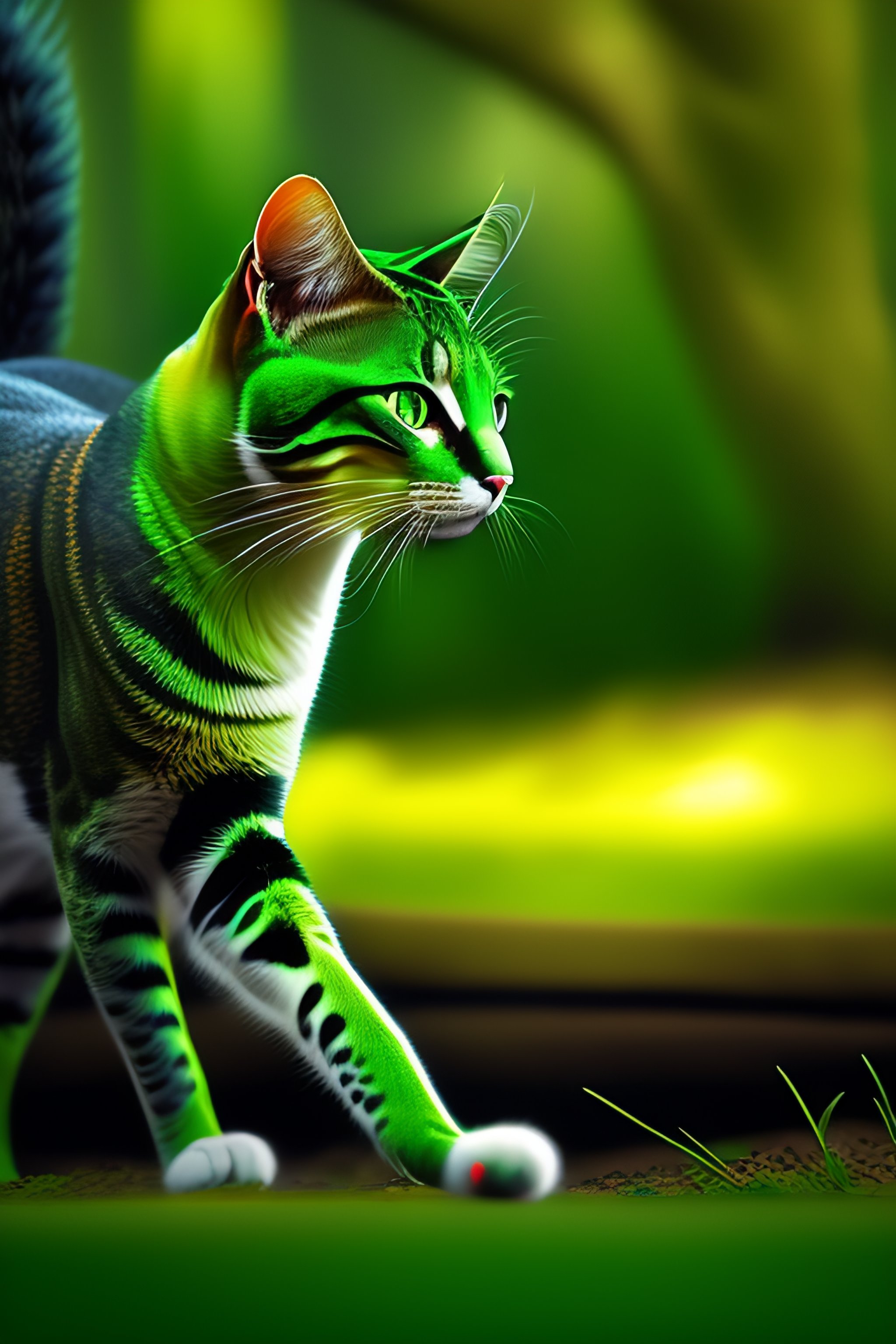 Lexica - A detailed portrait of a green cat going for a hunt