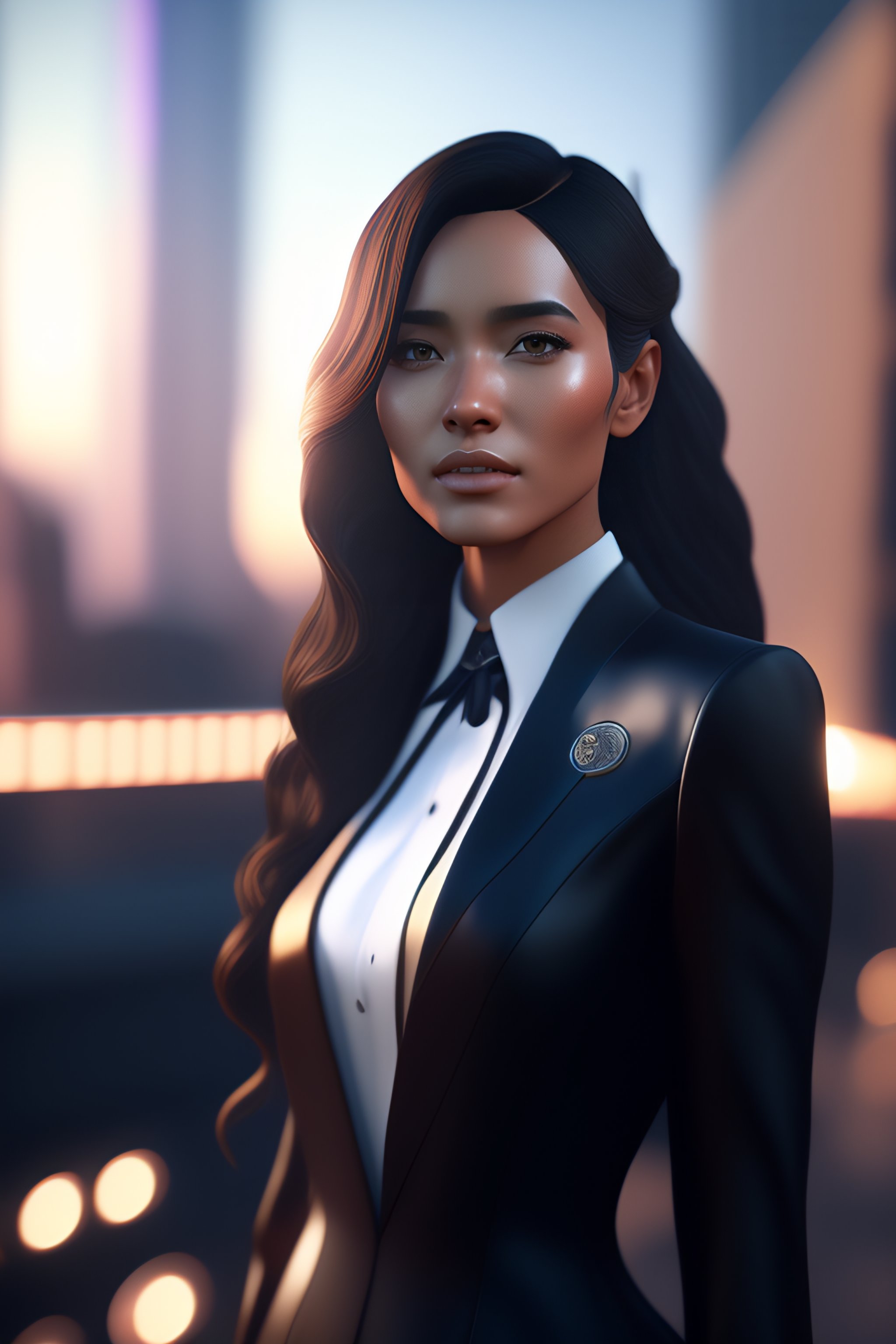 Lexica - Girl, black suit dress, long flowy hair, city, made by Kapwani ...
