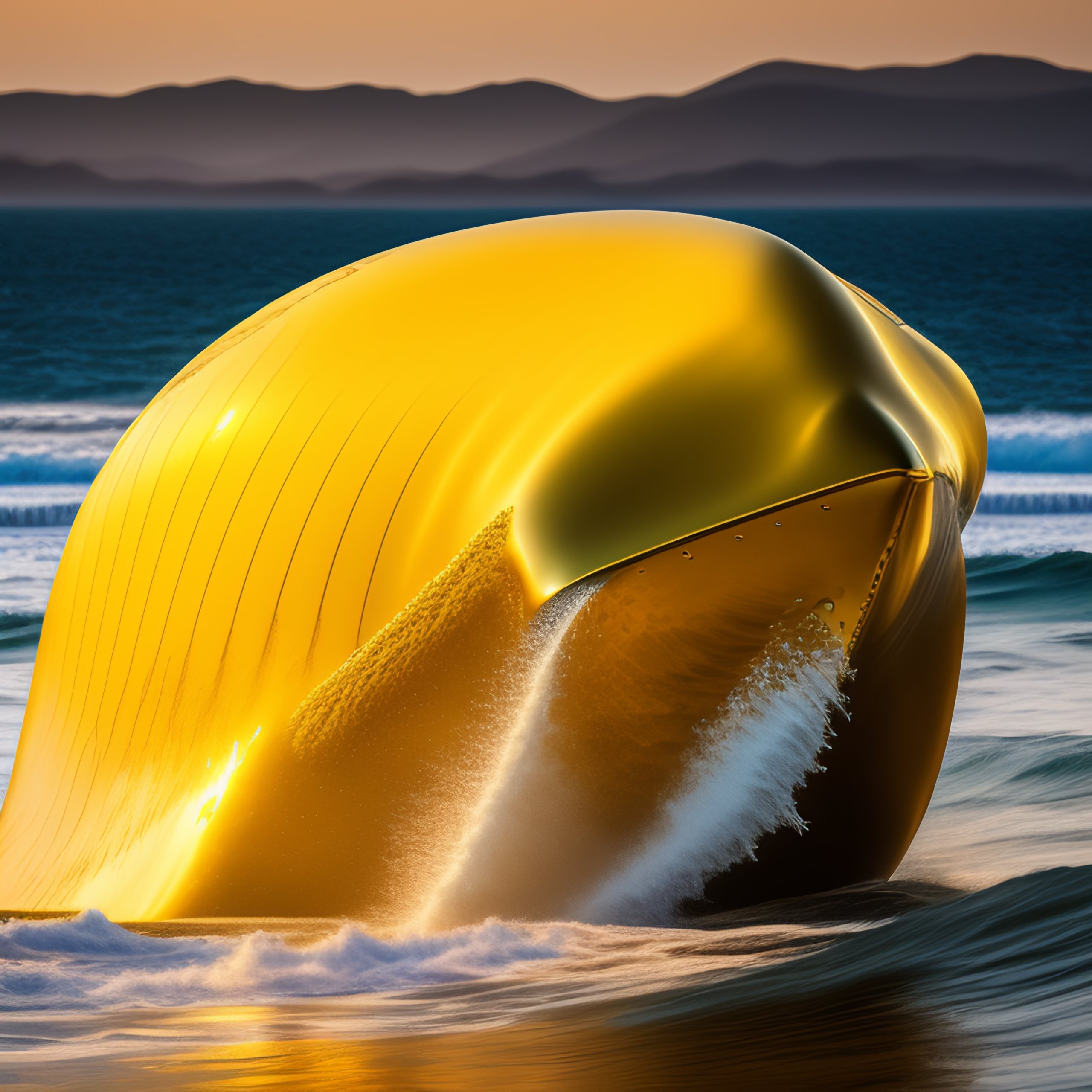 Lexica - A big yellow whale made out of of gold floating in an ocean