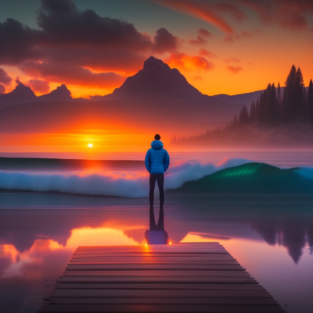 Lexica - A peaceful scene with a person enjoying a beautiful sunrise ...