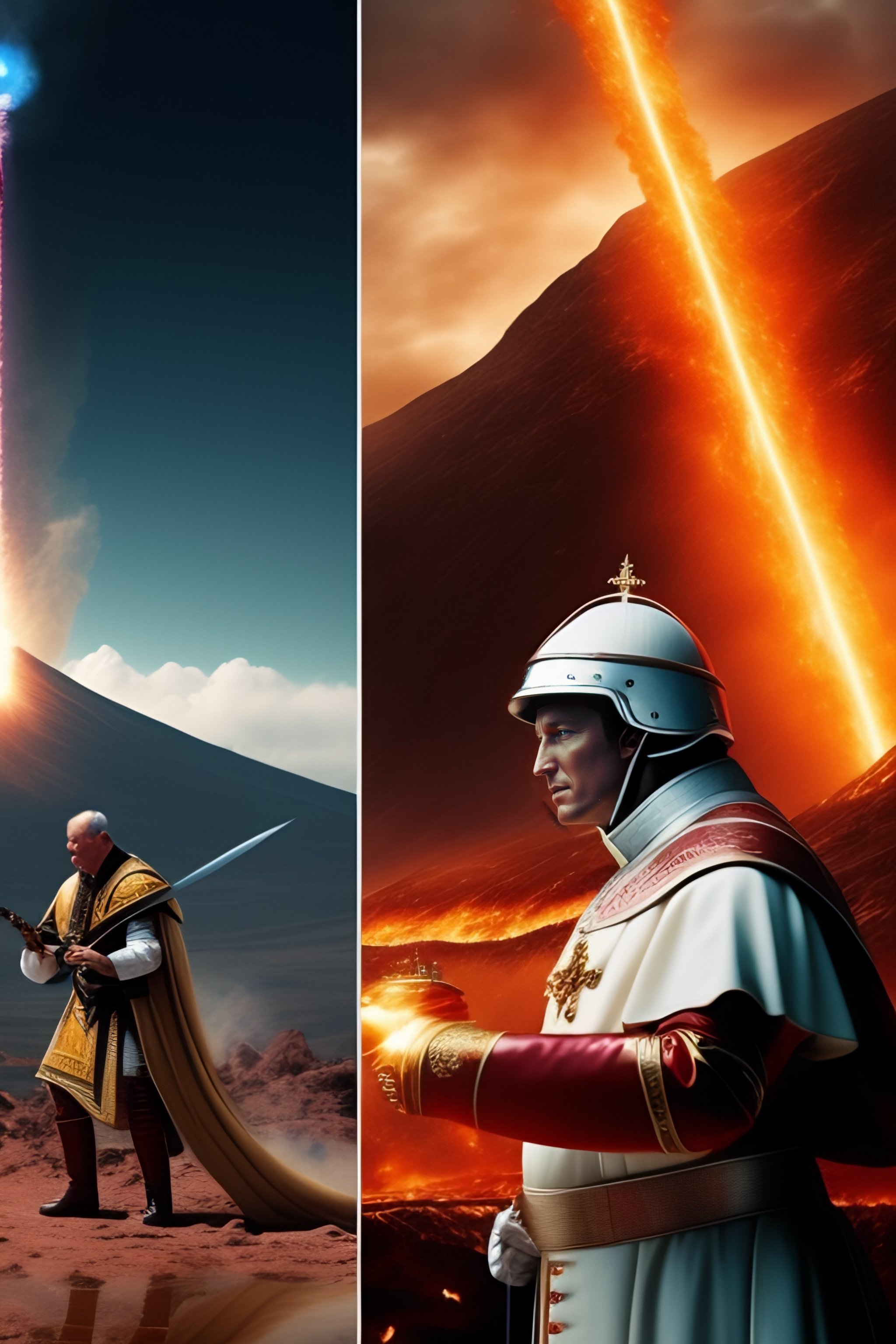 Lexica - Pope John Paul II with a big sword fighting Elon Musk on lava