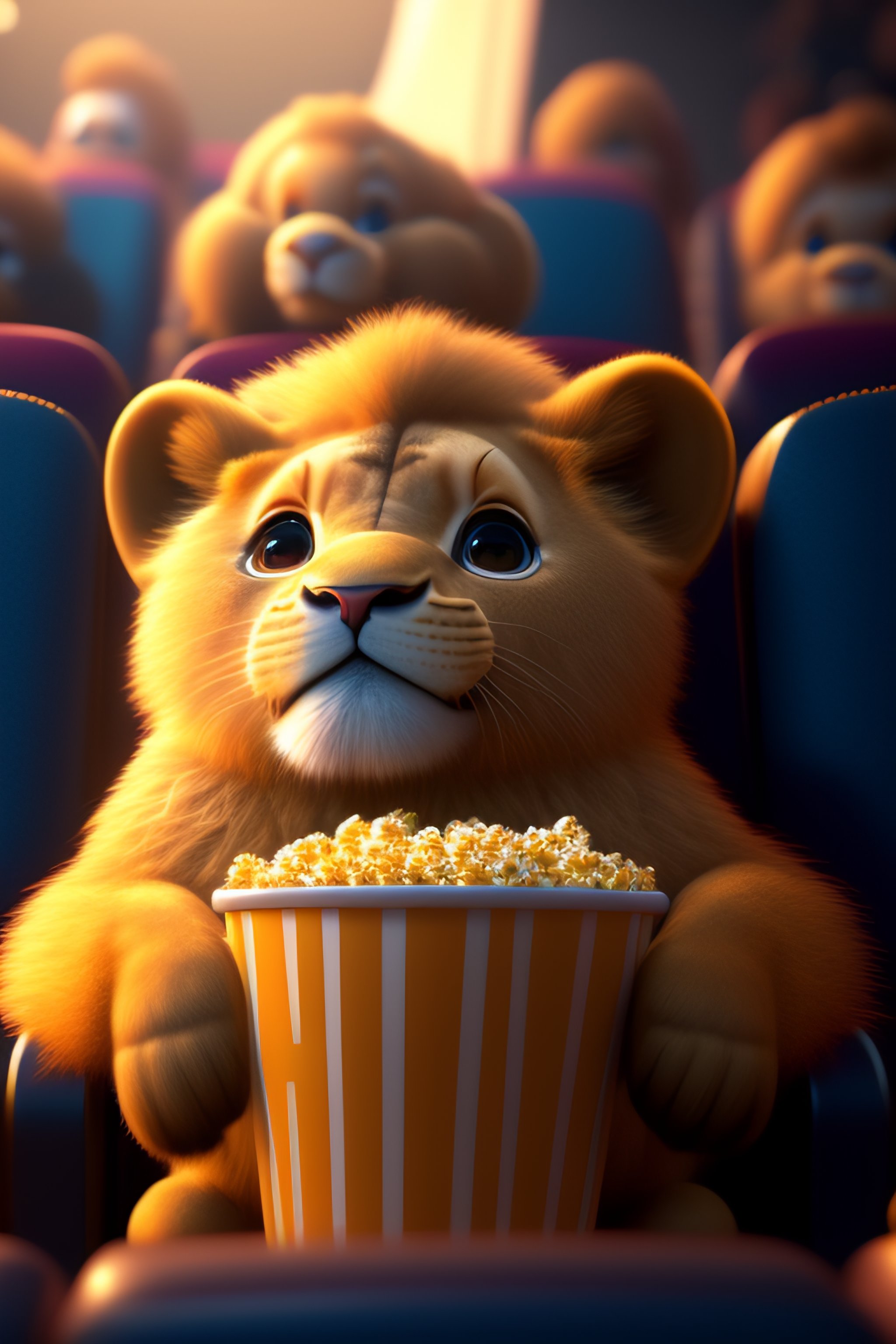 Lexica - Cute little humanoid lion sitting in a movie theater eating ...