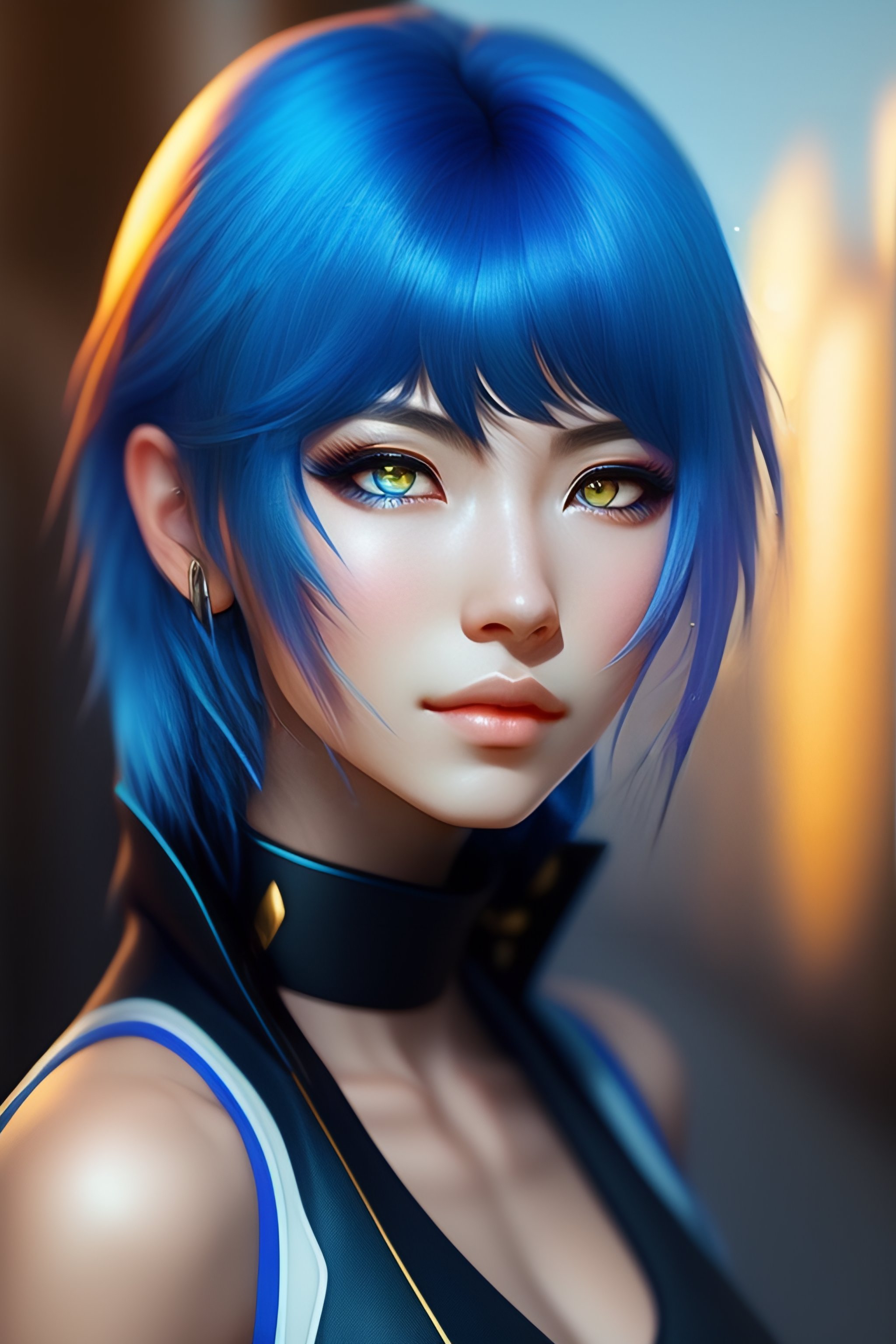 Lexica - Portrait of an anime character hyper realistic blue hair gold eyes