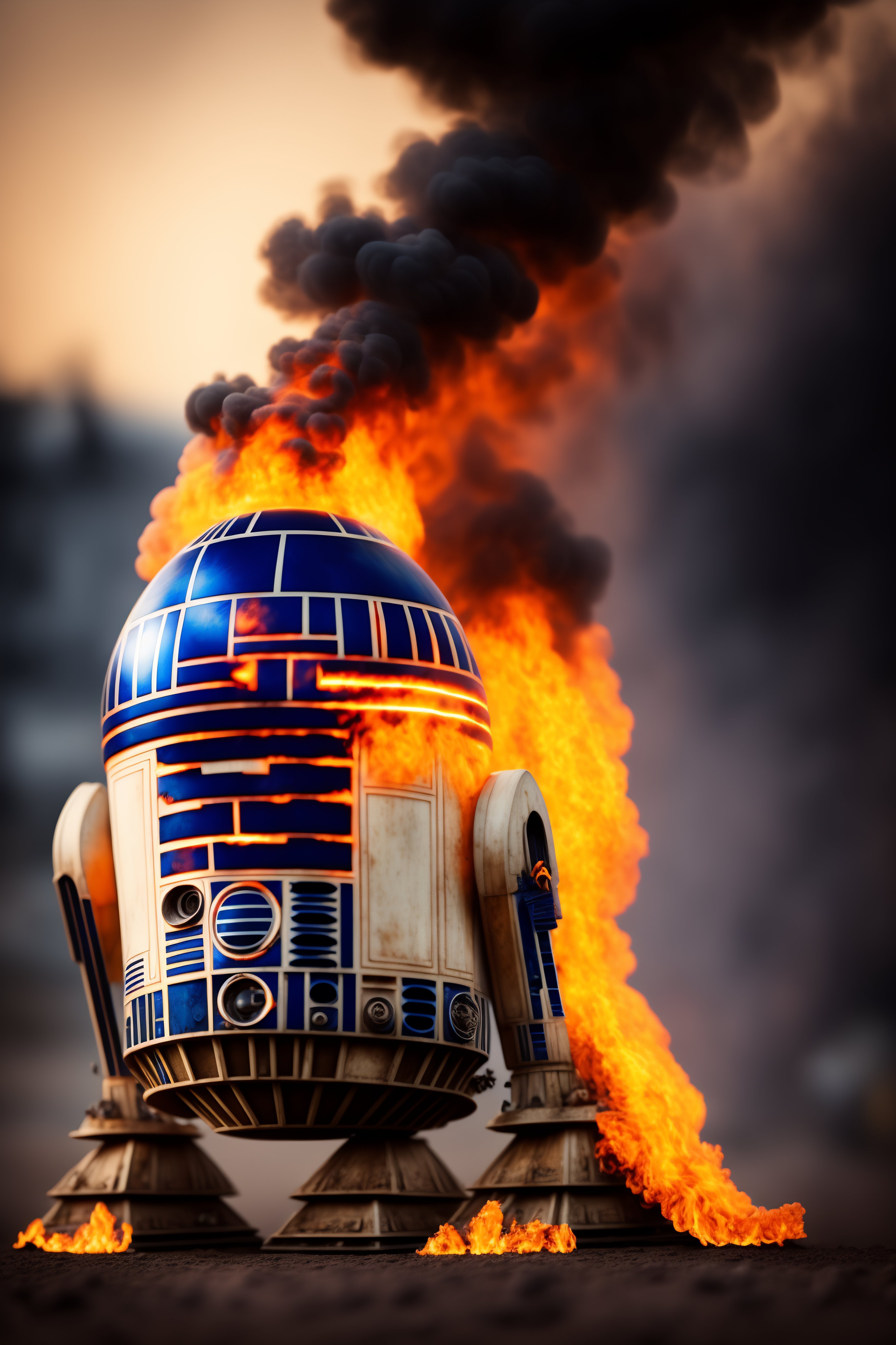Lexica - R2D2 engulfed in flames starting menacing ,hyper real detailed,8k
