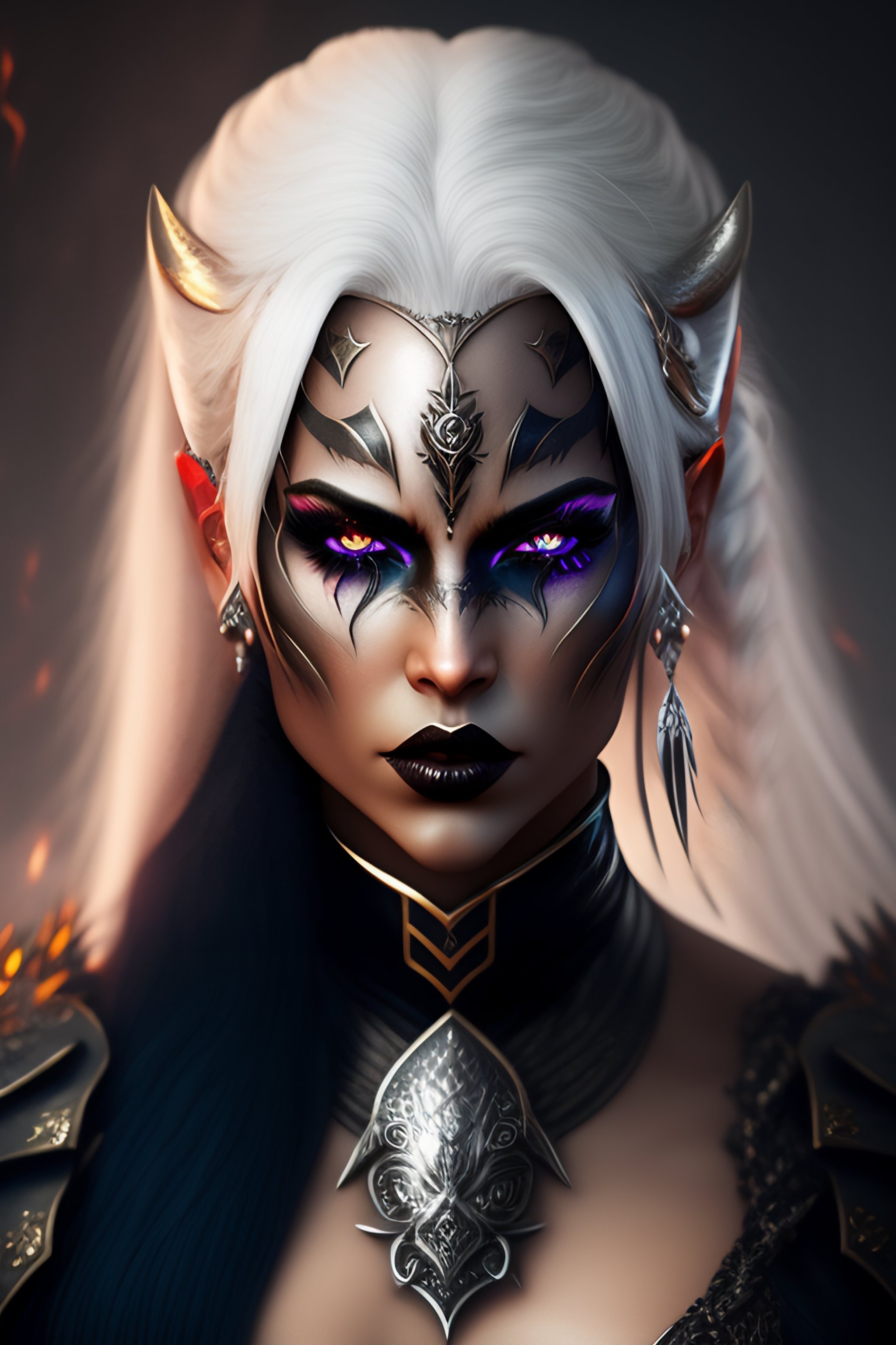 Lexica - A demoness with silver hair and obsidian eyes, scarred face, arcane style