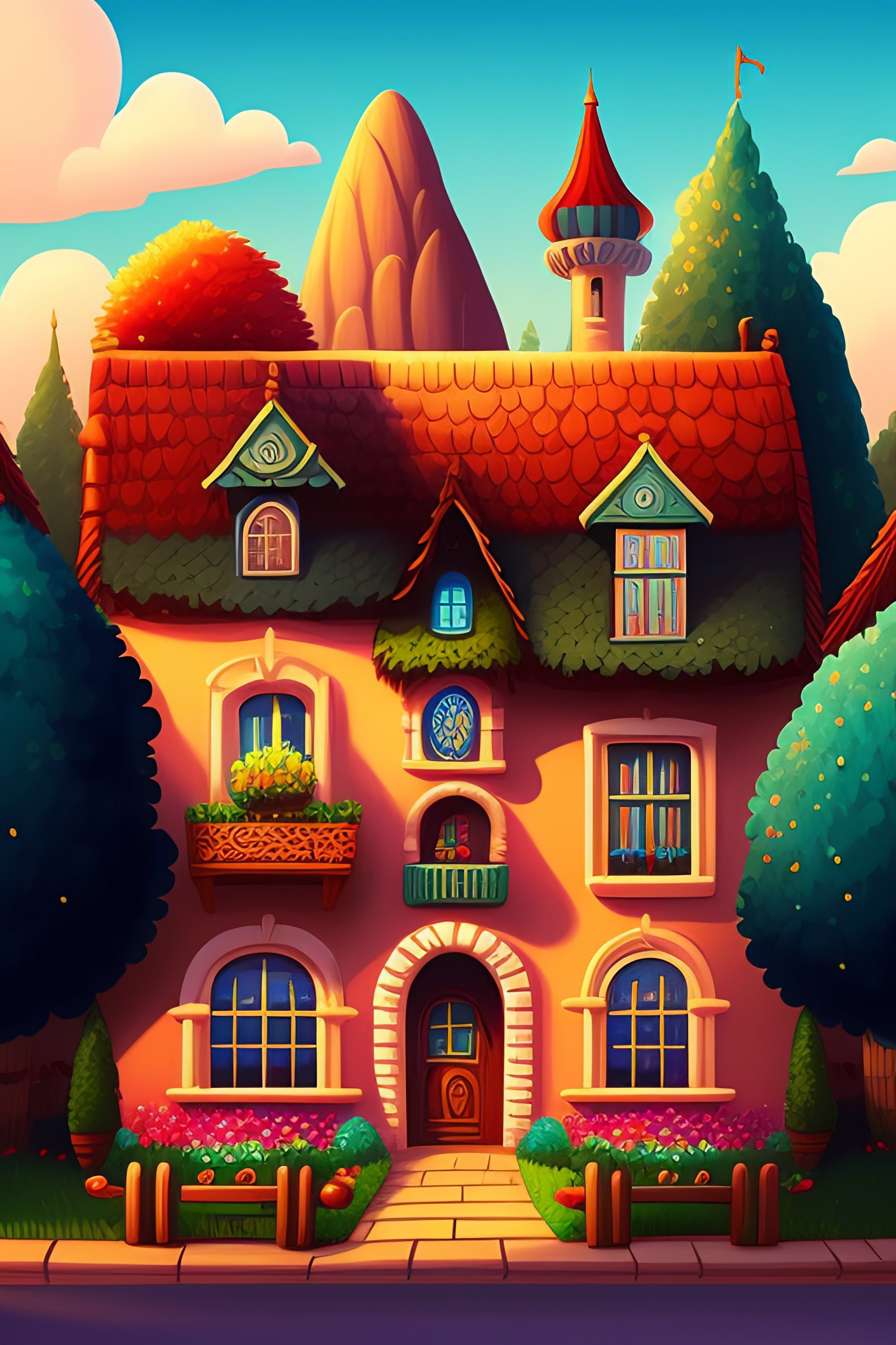Lexica - Storybook cartoon fairytale town illustration, lot of house